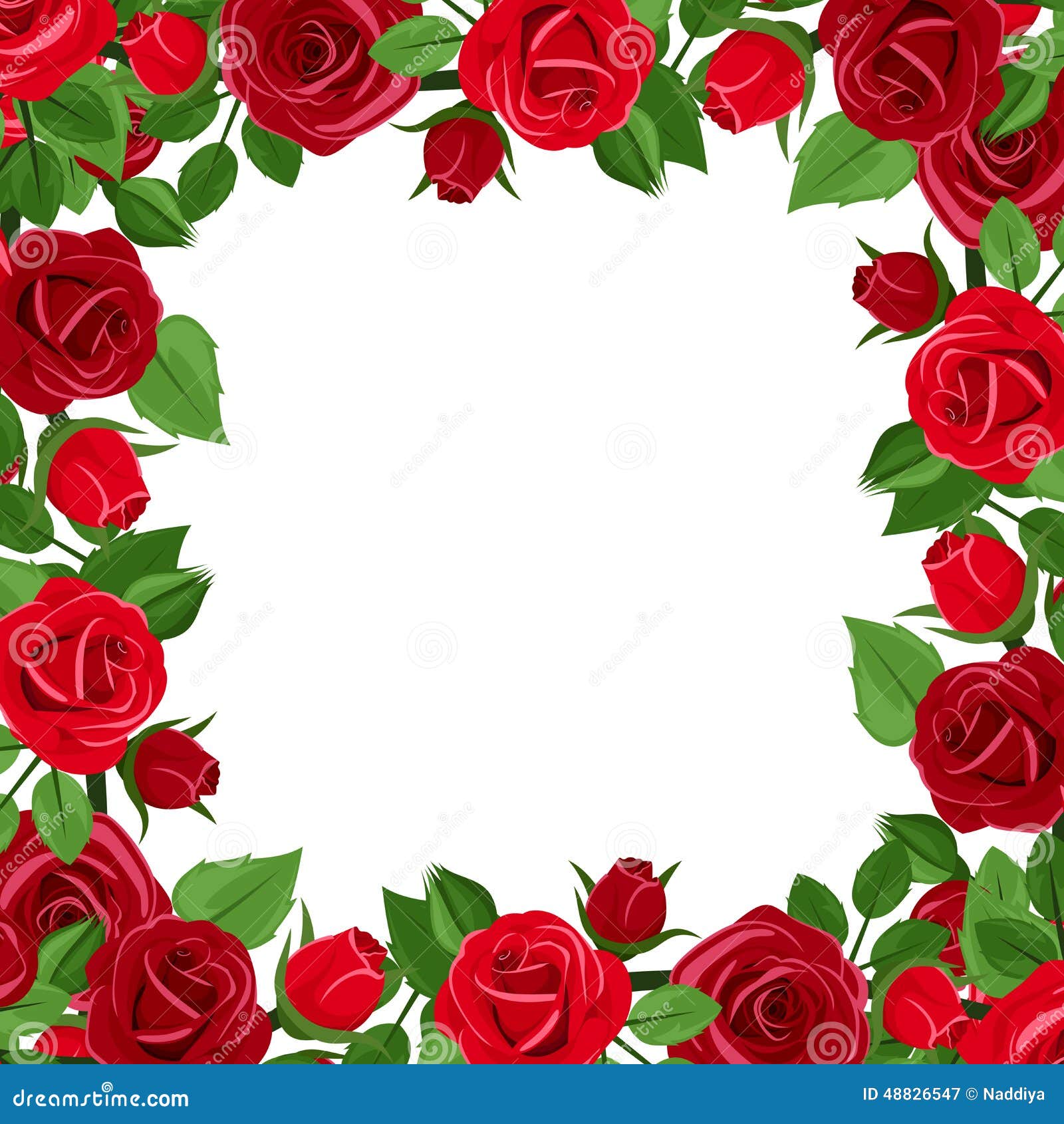 Frame with Red Roses and Green Leaves. Vector Illustration. Stock ...