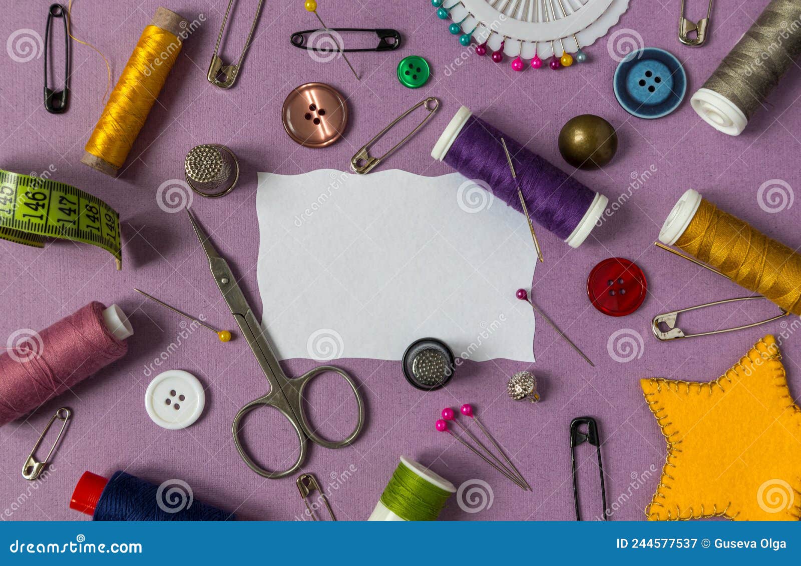 Frame with Sewing Tools. Sewing Threads, Needles, Pins, Scissors ...