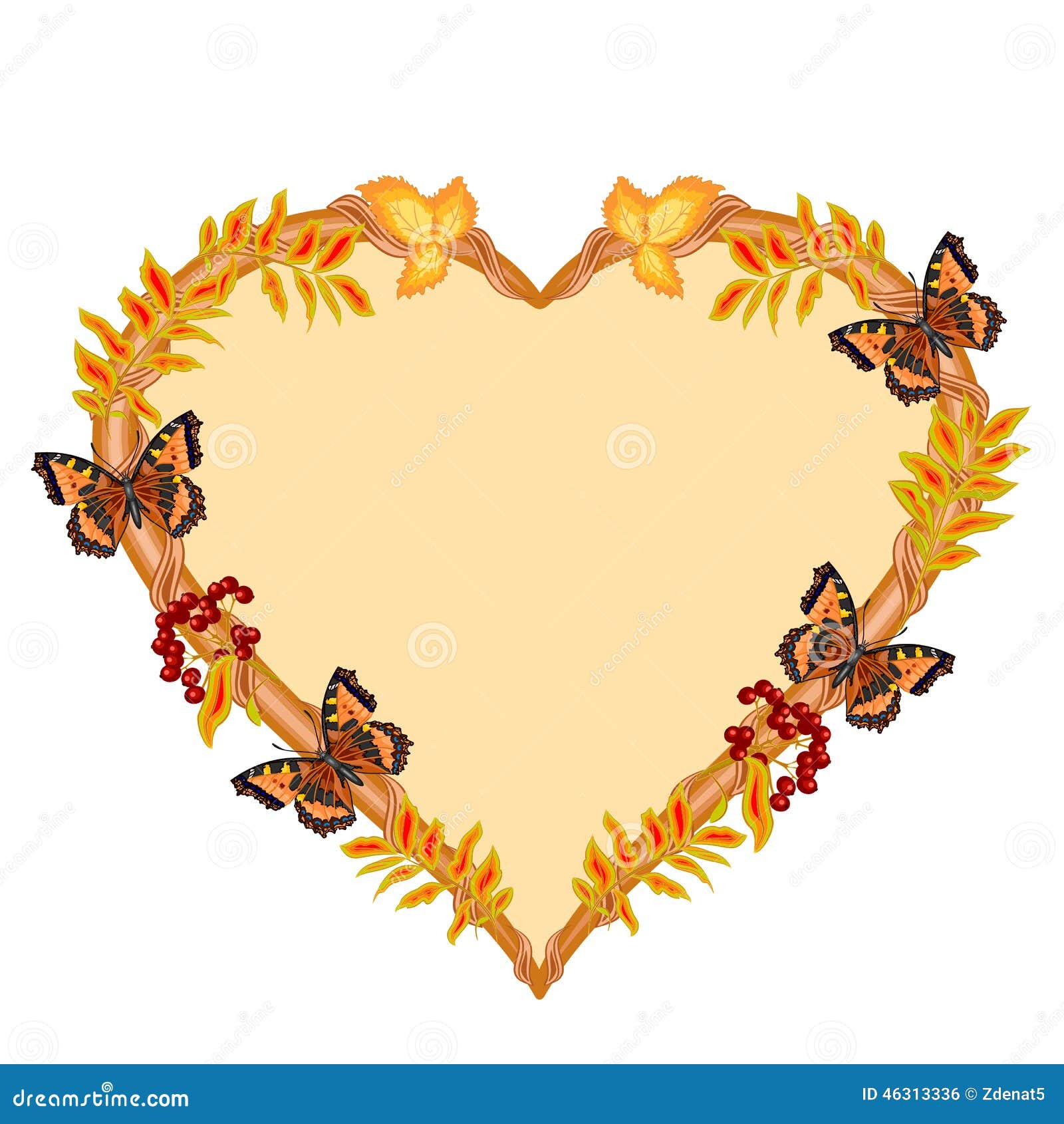 Frame in the Shape of a Heart with Butterflies Autumn Theme Vector ...
