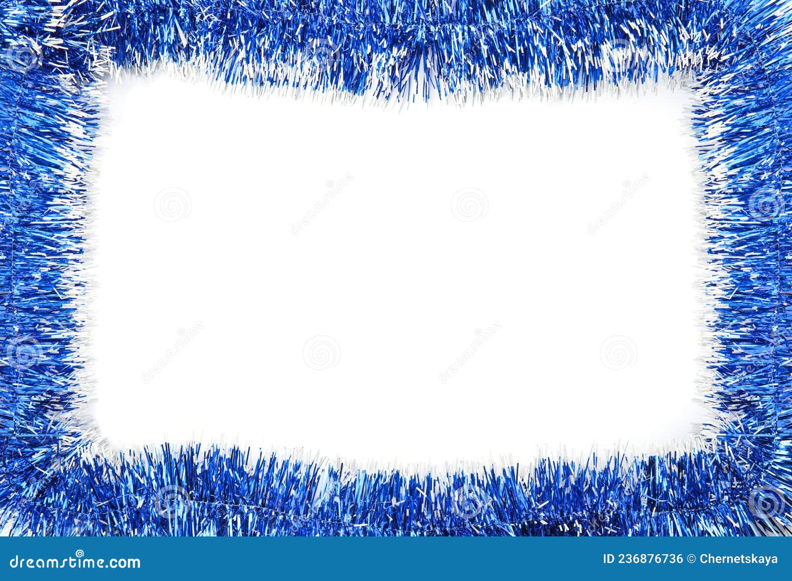 Frame of Shiny Blue Tinsel on White Background, Top View. Space for ...