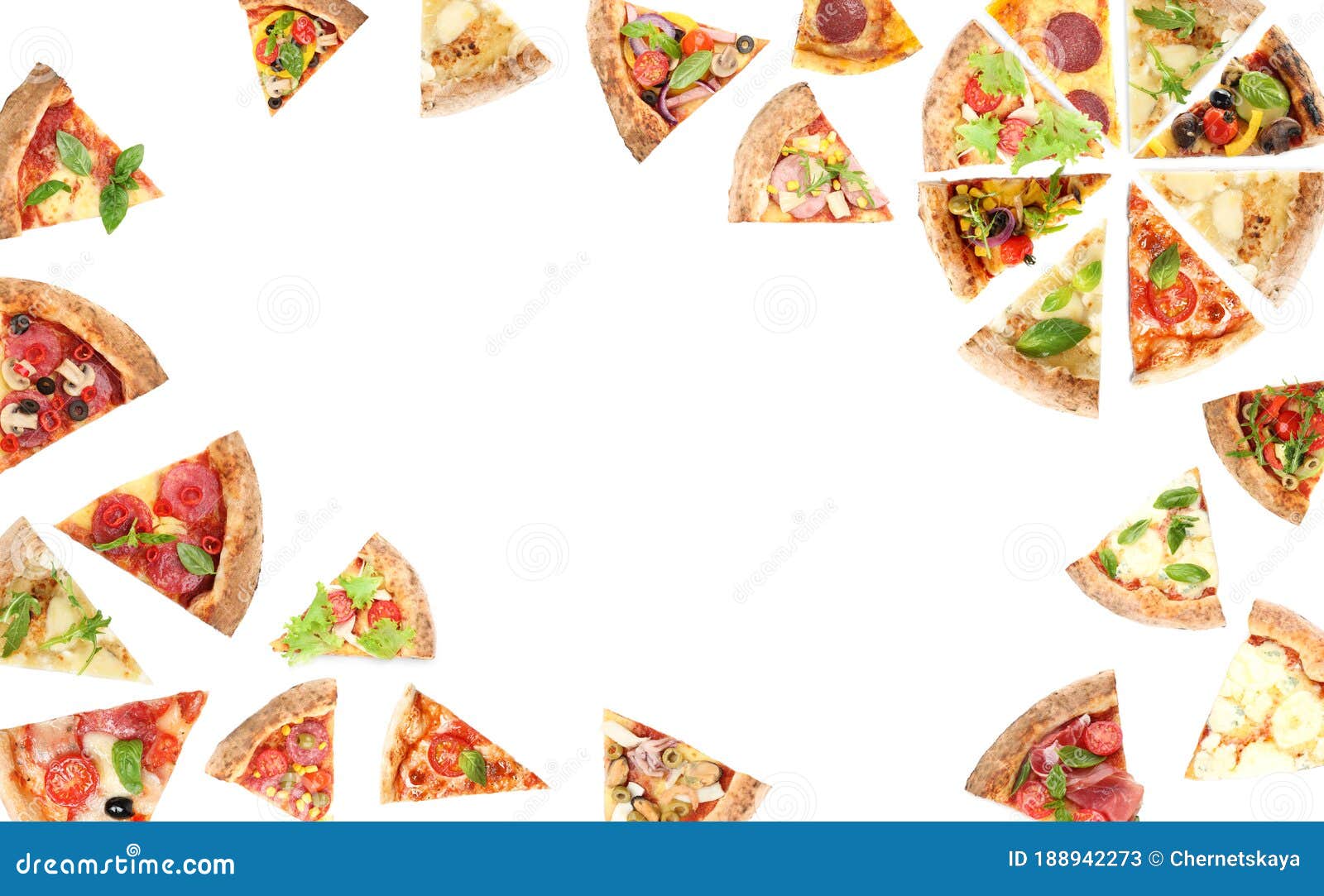Frame with Slices of Different Pizzas on Background, Top View Stock ...