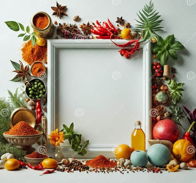 Frame with Spices and Herbs on White Background Stock Illustration ...