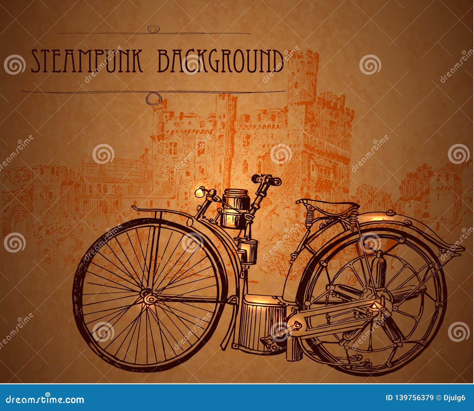 Frame Steampunk Background with Bike and Medieval Castle Stock Vector ...