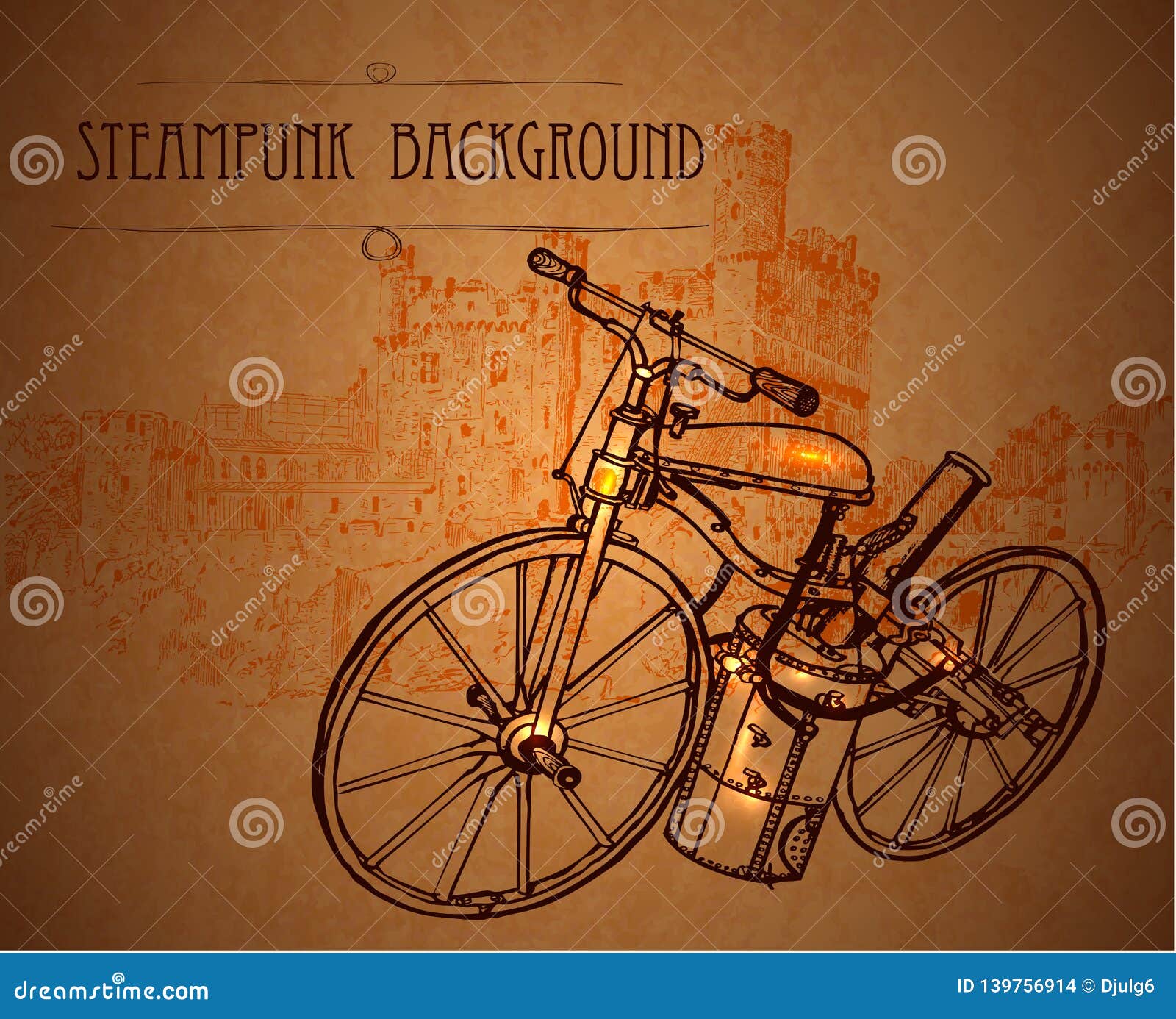 Frame Steampunk Background with Bike and Medieval Castle Stock Vector ...