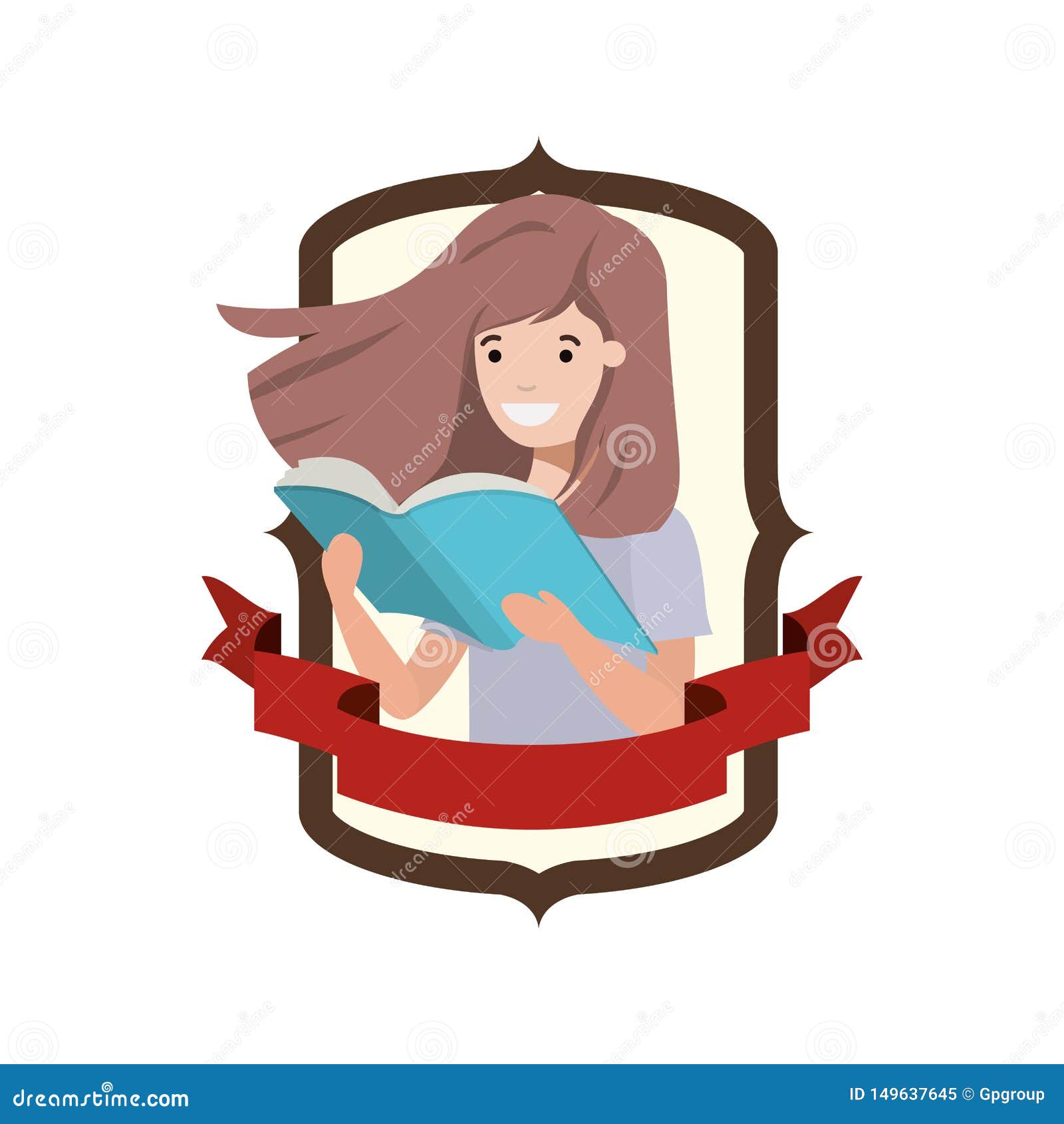 Frame with Student Girl and Reading Book Stock Vector - Illustration of ...