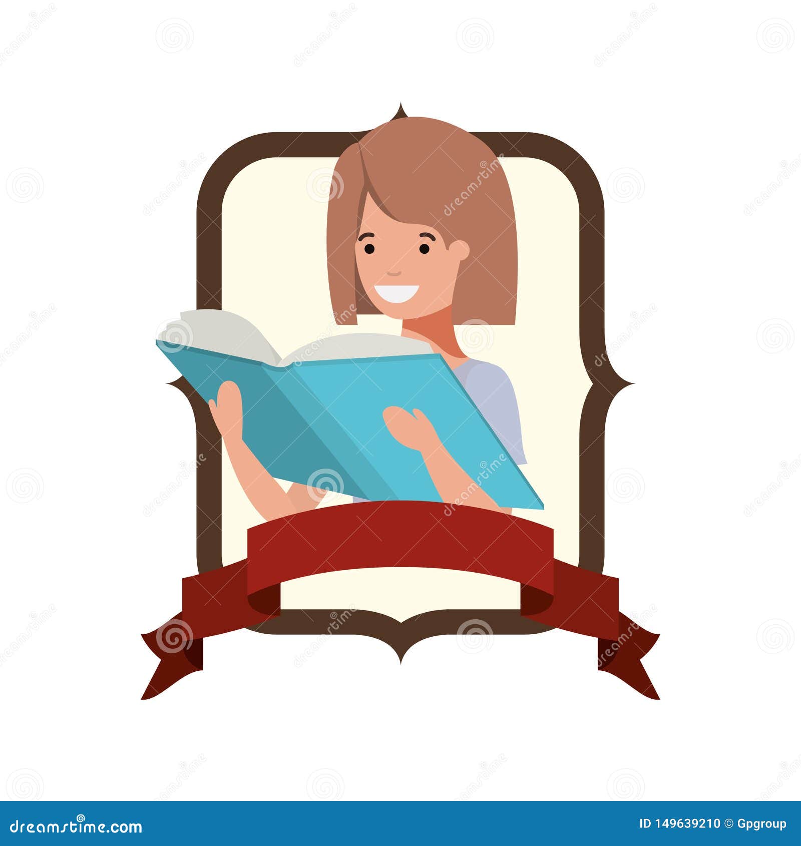 Frame with Student Girl and Reading Book Stock Vector - Illustration of ...