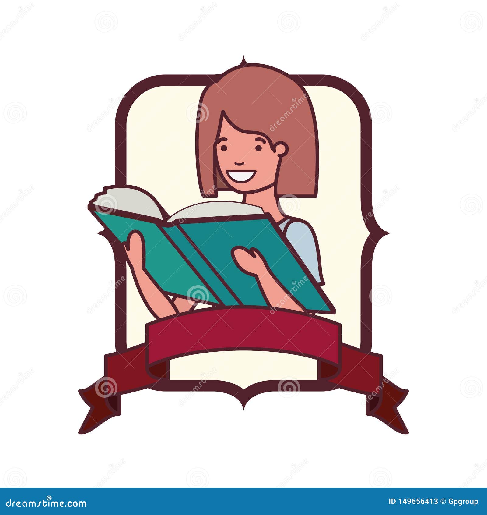 Frame with Student Girl and Reading Book Stock Vector - Illustration of ...