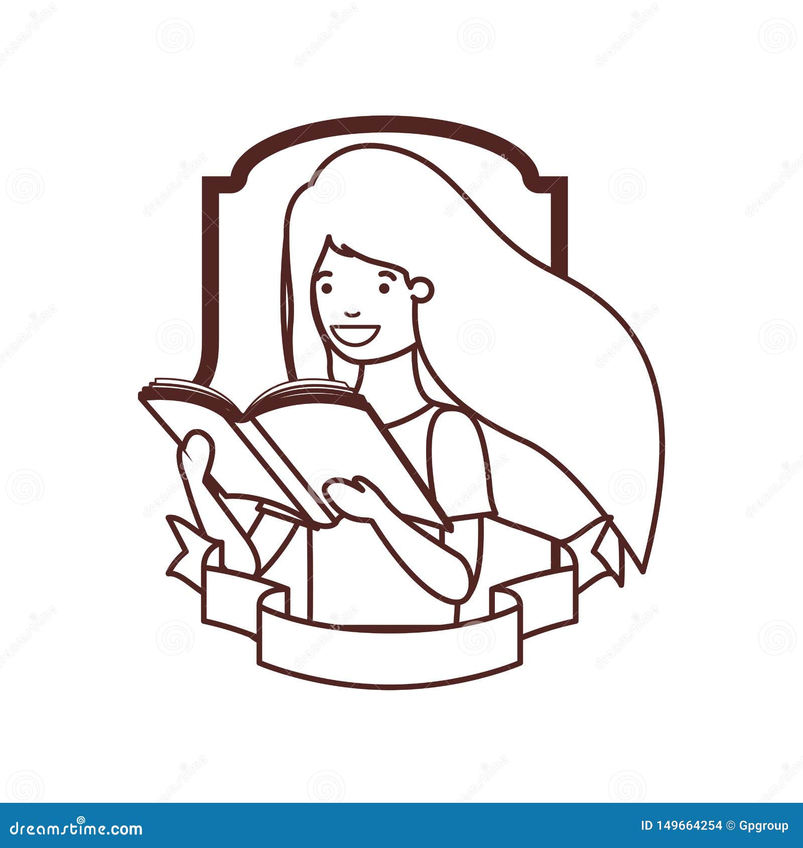Frame with Student Girl and Reading Book Stock Vector - Illustration of ...