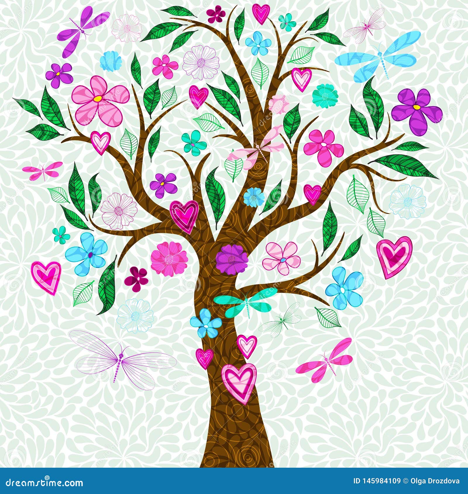 Frame with Stylized Spring Tree with Multicolored Flowers and ...