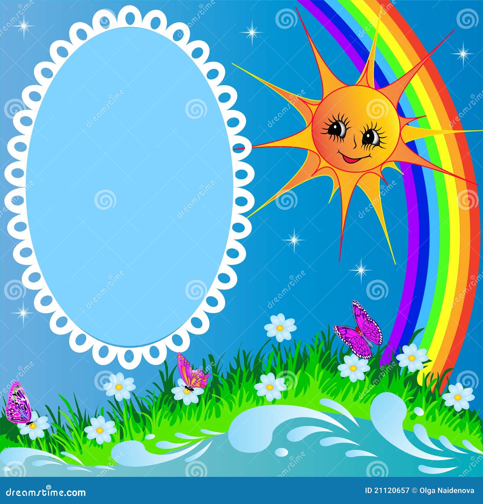 Frame with Sun Butterfly and Rainbow Stock Illustration - Illustration ...