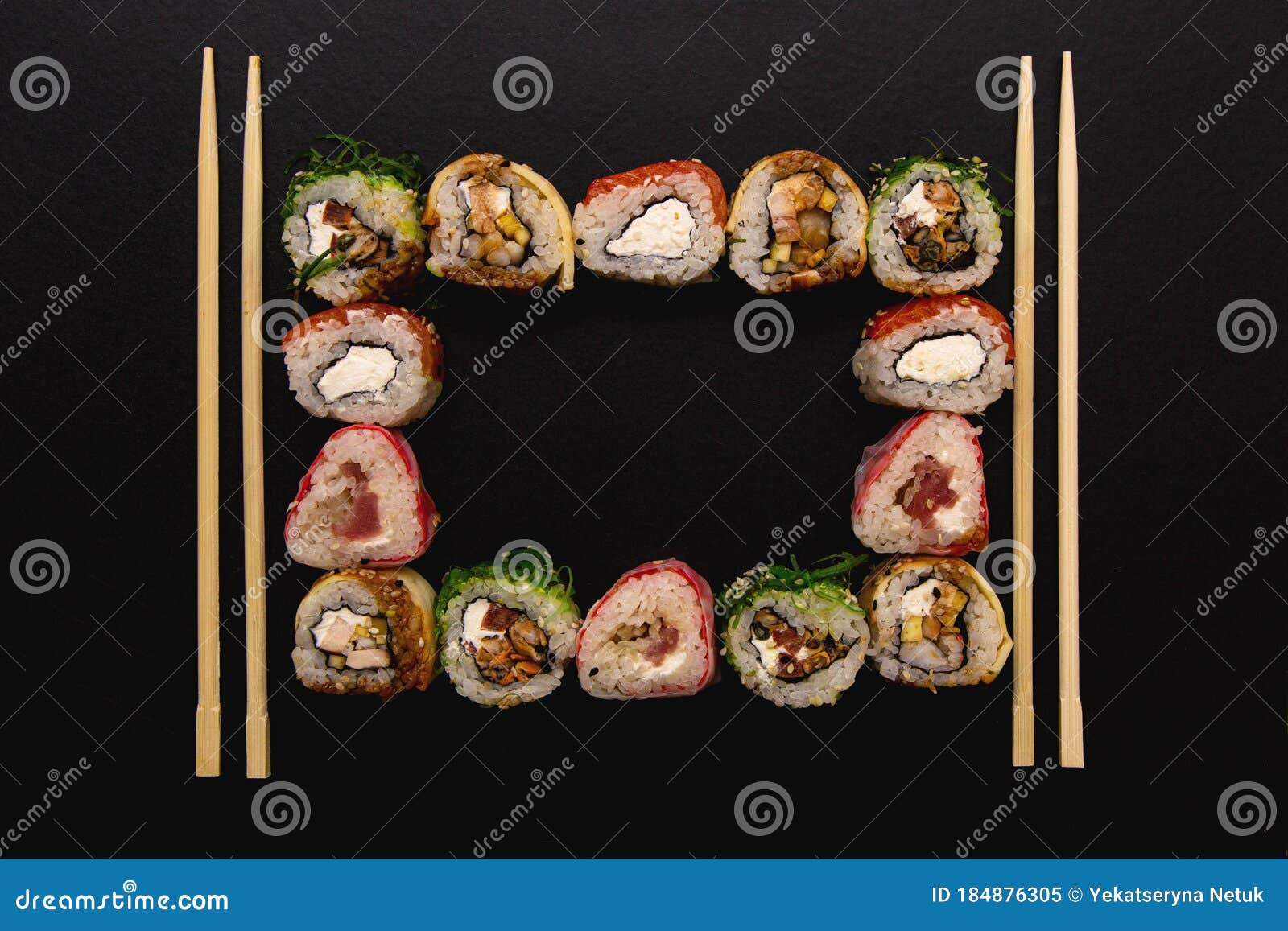 Frame with Sushi and Chopstick on Black Background Stock Image - Image ...