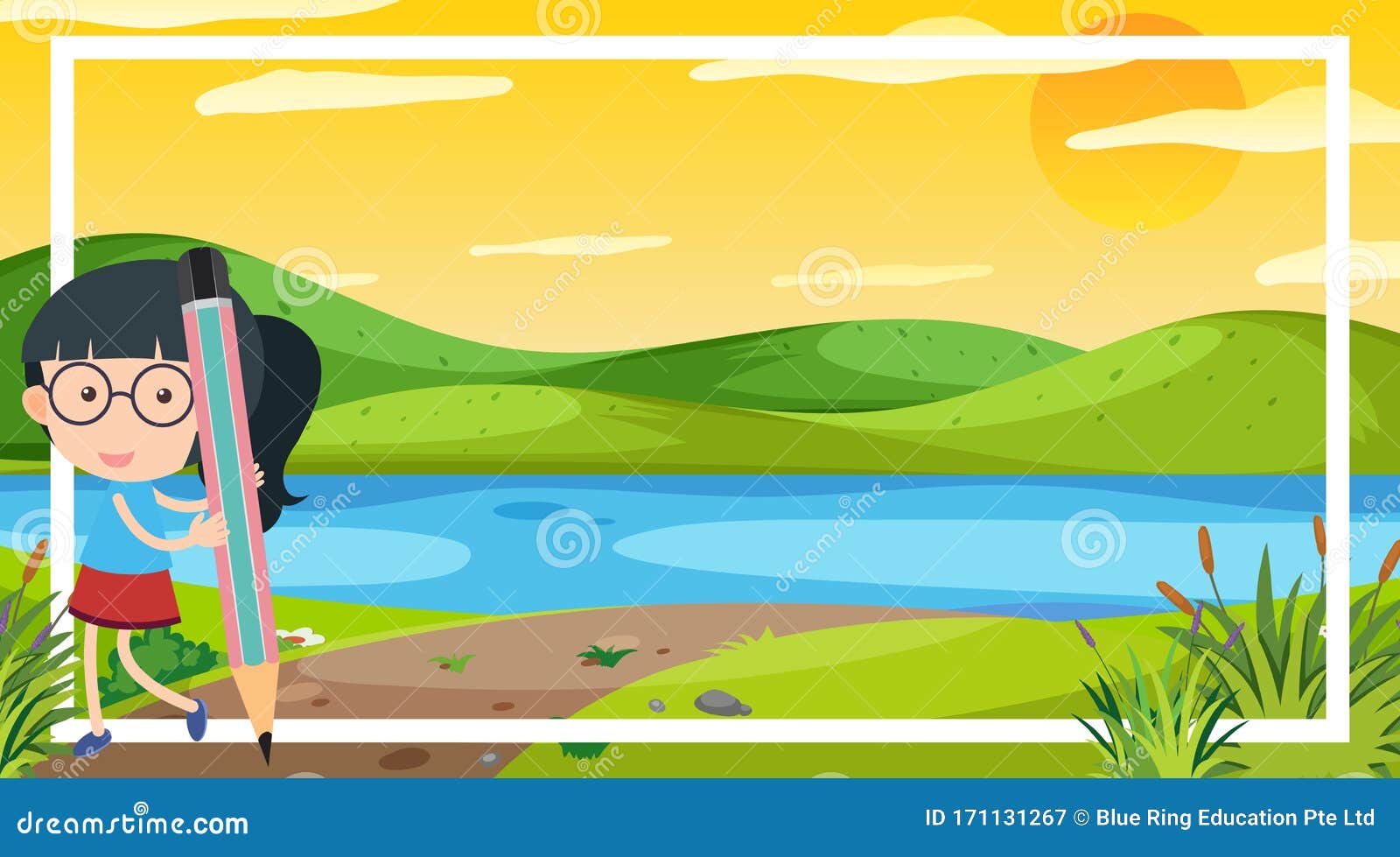 Frame Template Design with Cute Girl by the River in Background Stock ...
