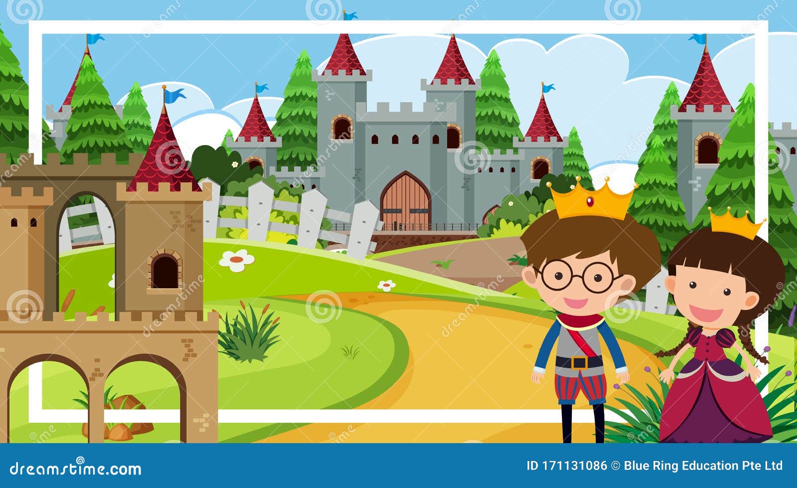 Frame Template with Prince and Princess by the Castle Tower Stock ...