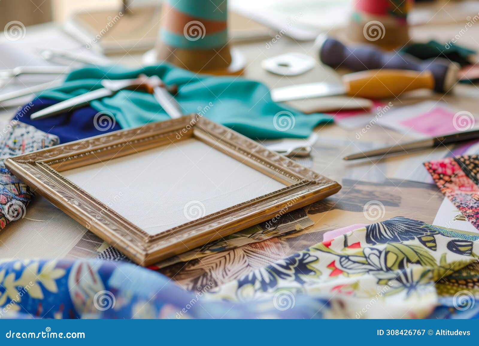 Frame on a Textile Artists Table, with Fabric Swatches and Sewing Tools ...