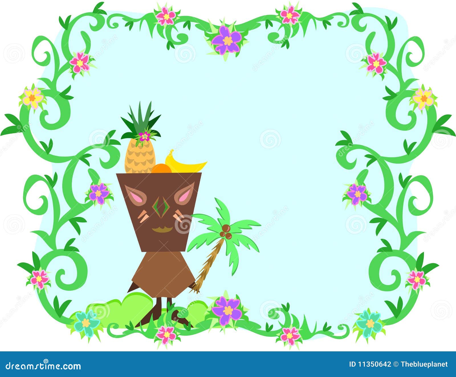 Frame Of Tropical Plants, Tiki And Fruit Hat Vector Illustration ...