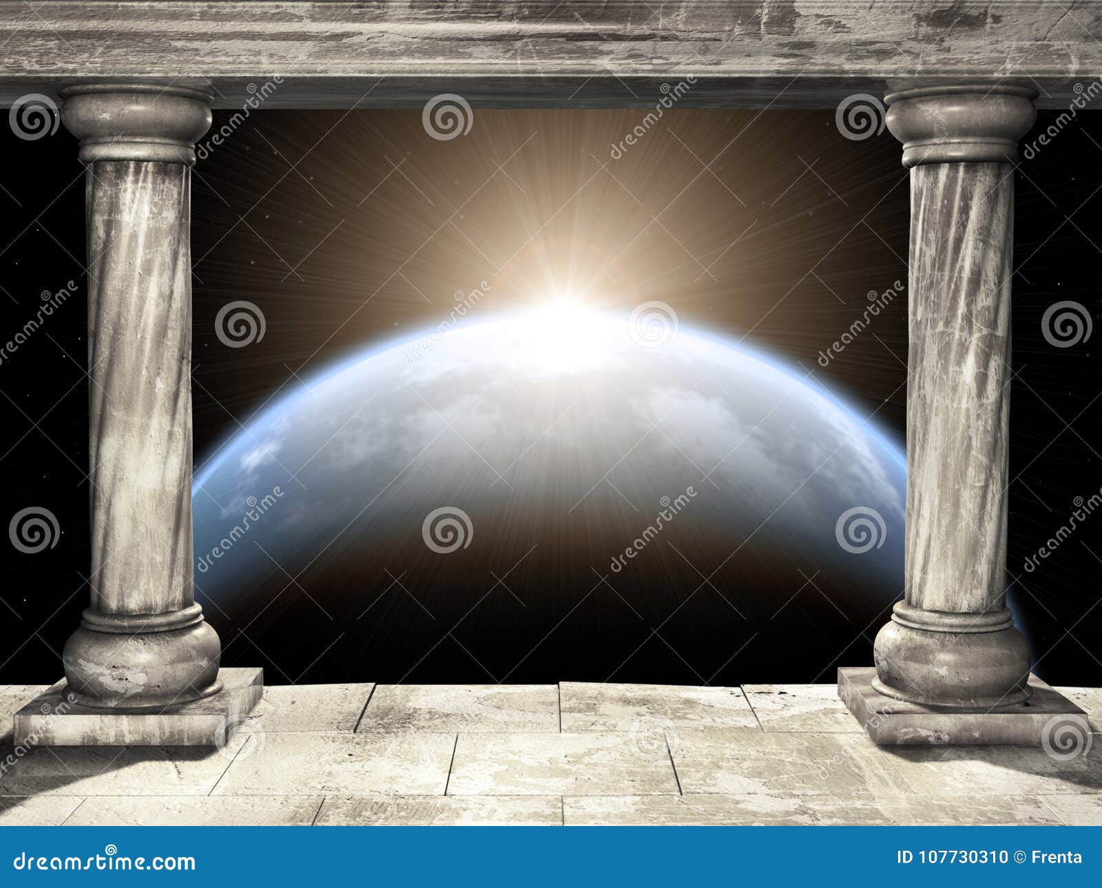 Frame with Two Medieval Columns and Space Scene with Planet Stock ...