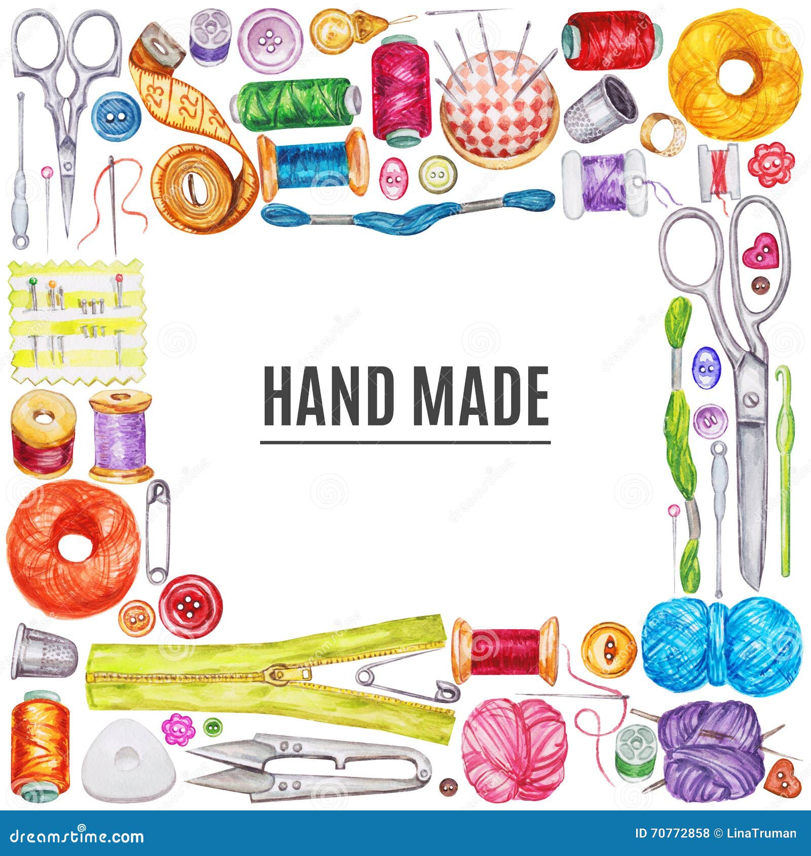 Frame of Various Watercolor Sewing Tools. Sewing Kit Stock Illustration ...