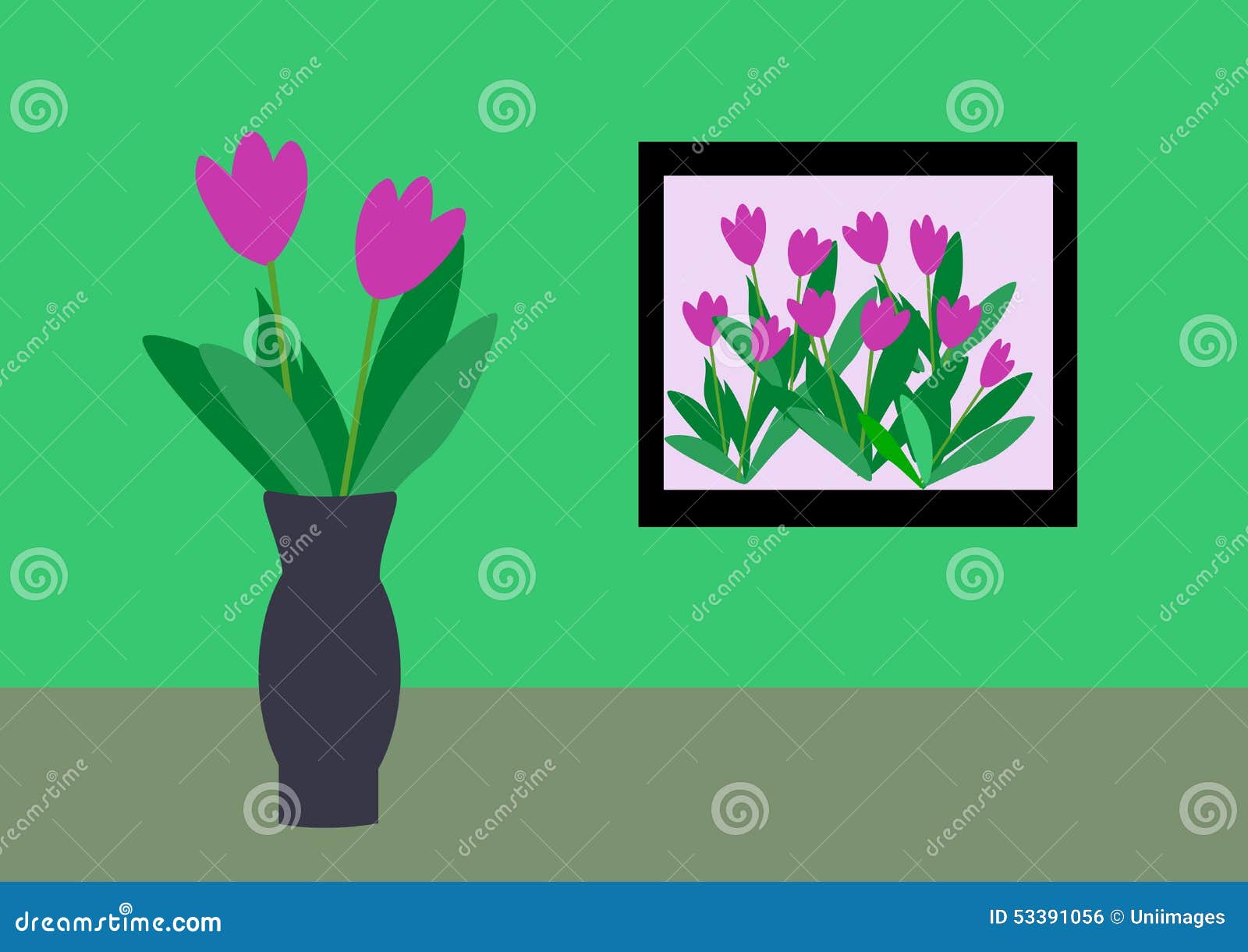 Frame and Vase with Flowers Stock Illustration - Illustration of cozy ...