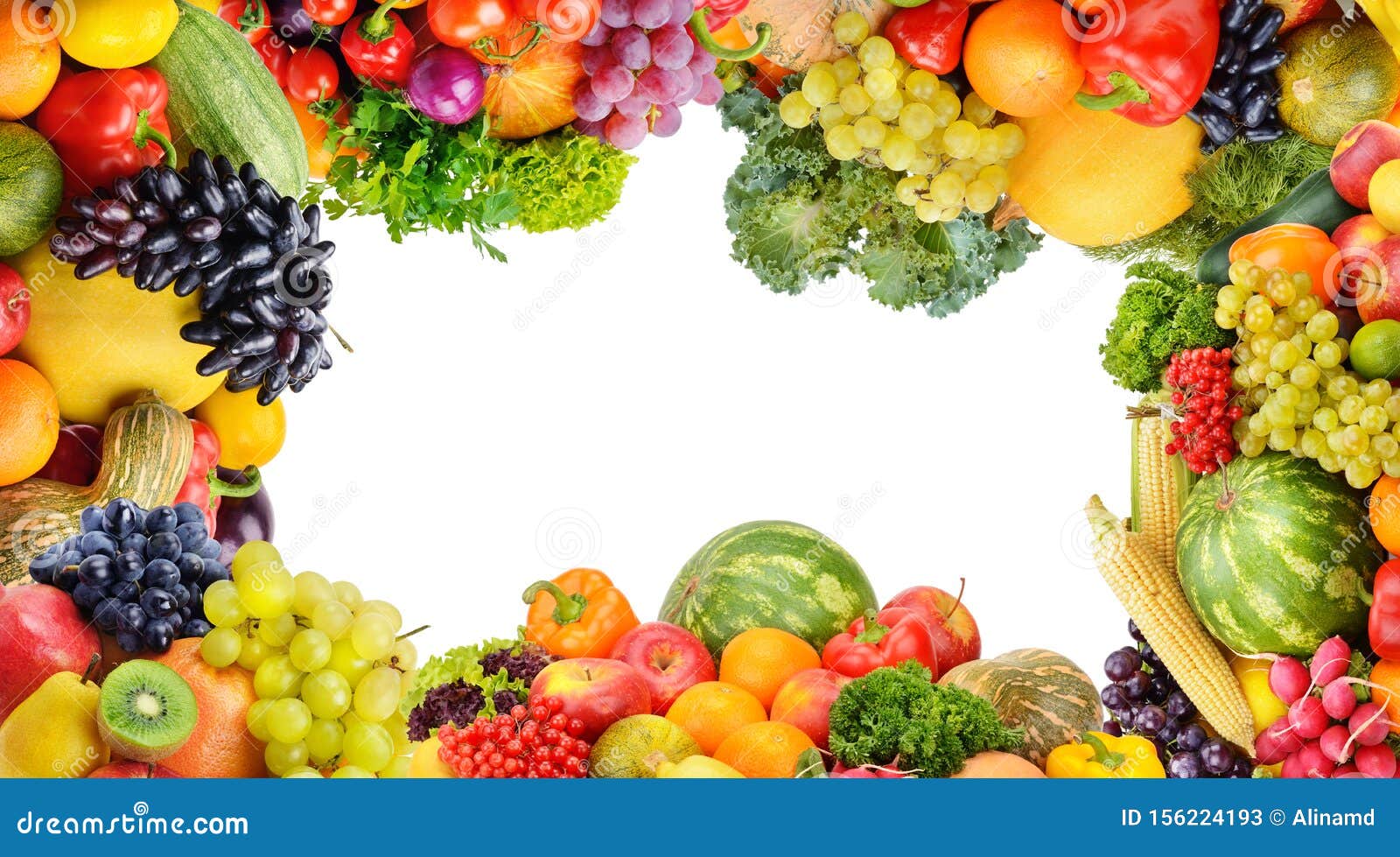 Frame of Vegetables and Fruits on White Background. Free Space for Text ...