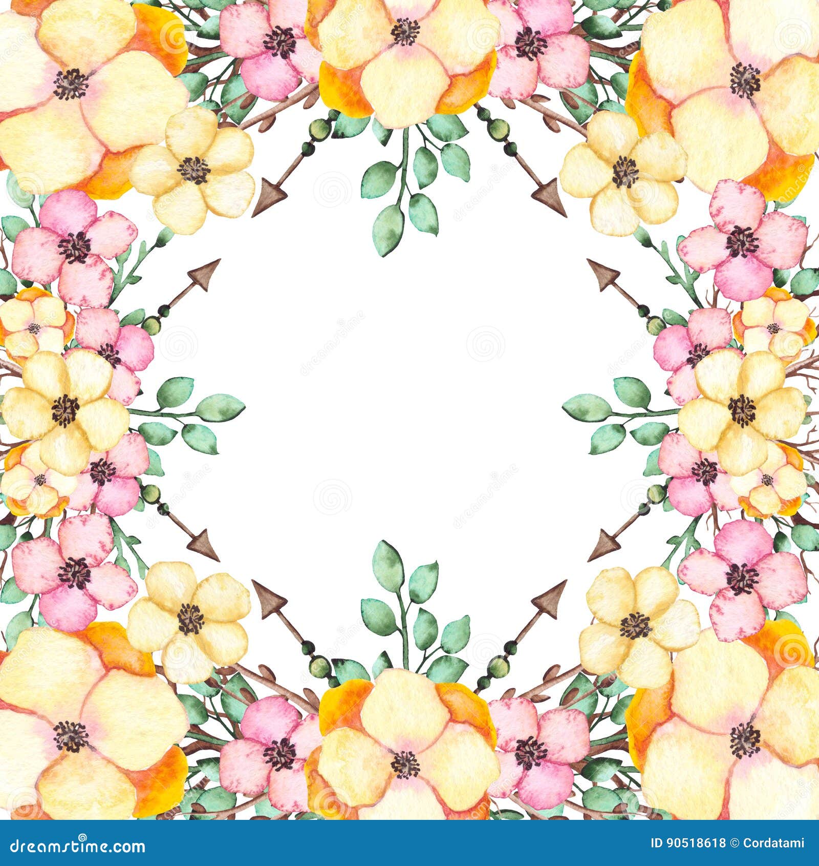 Frame with Watercolor Pink and Yellow Flowers Stock Illustration ...