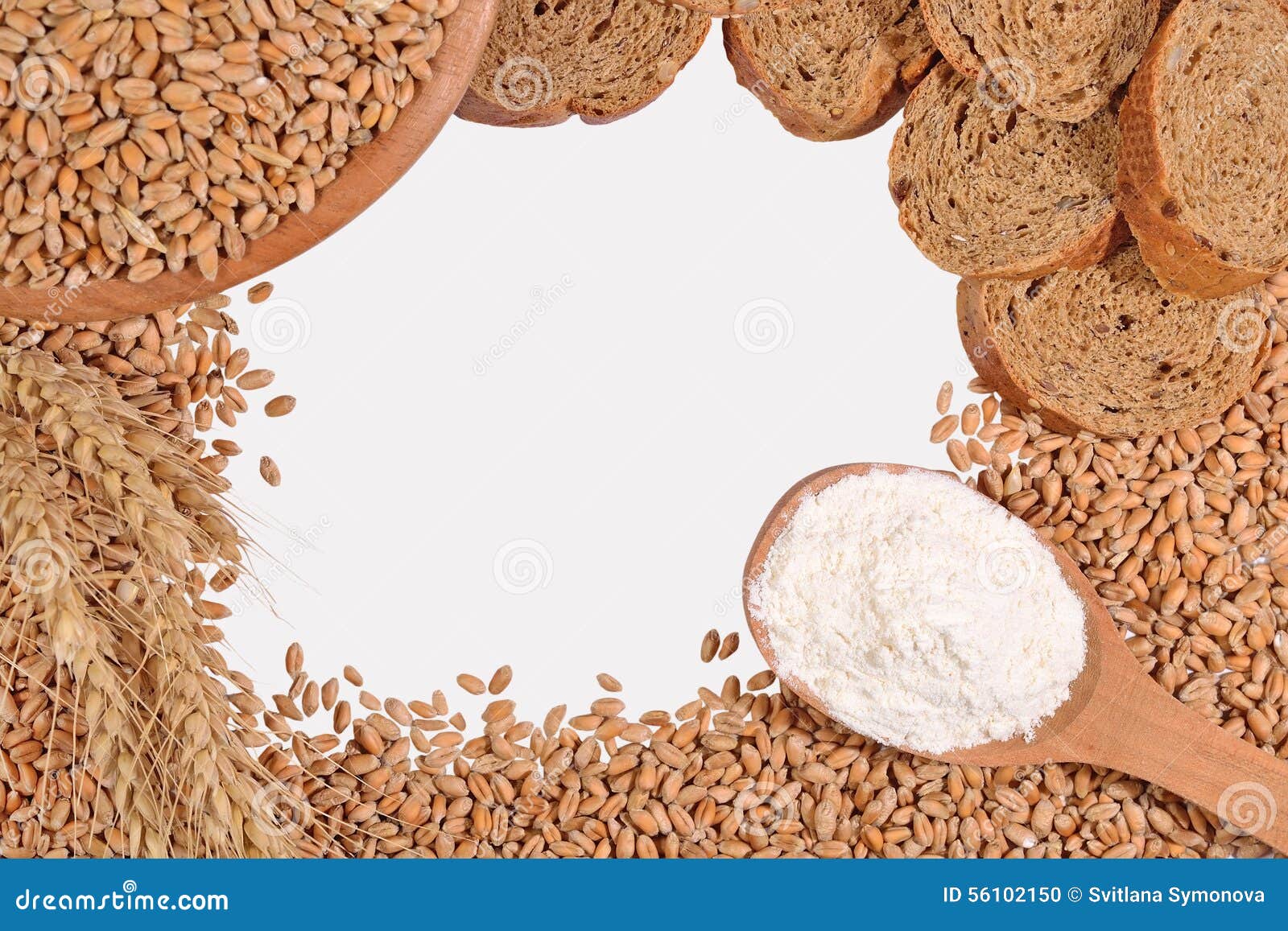 Frame of White Flour, Wheat and Bread on a White Stock Photo - Image of ...