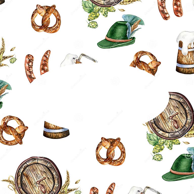 Frame Of Wooden Beer Barrel Mug German Hat Watercolor Illustration