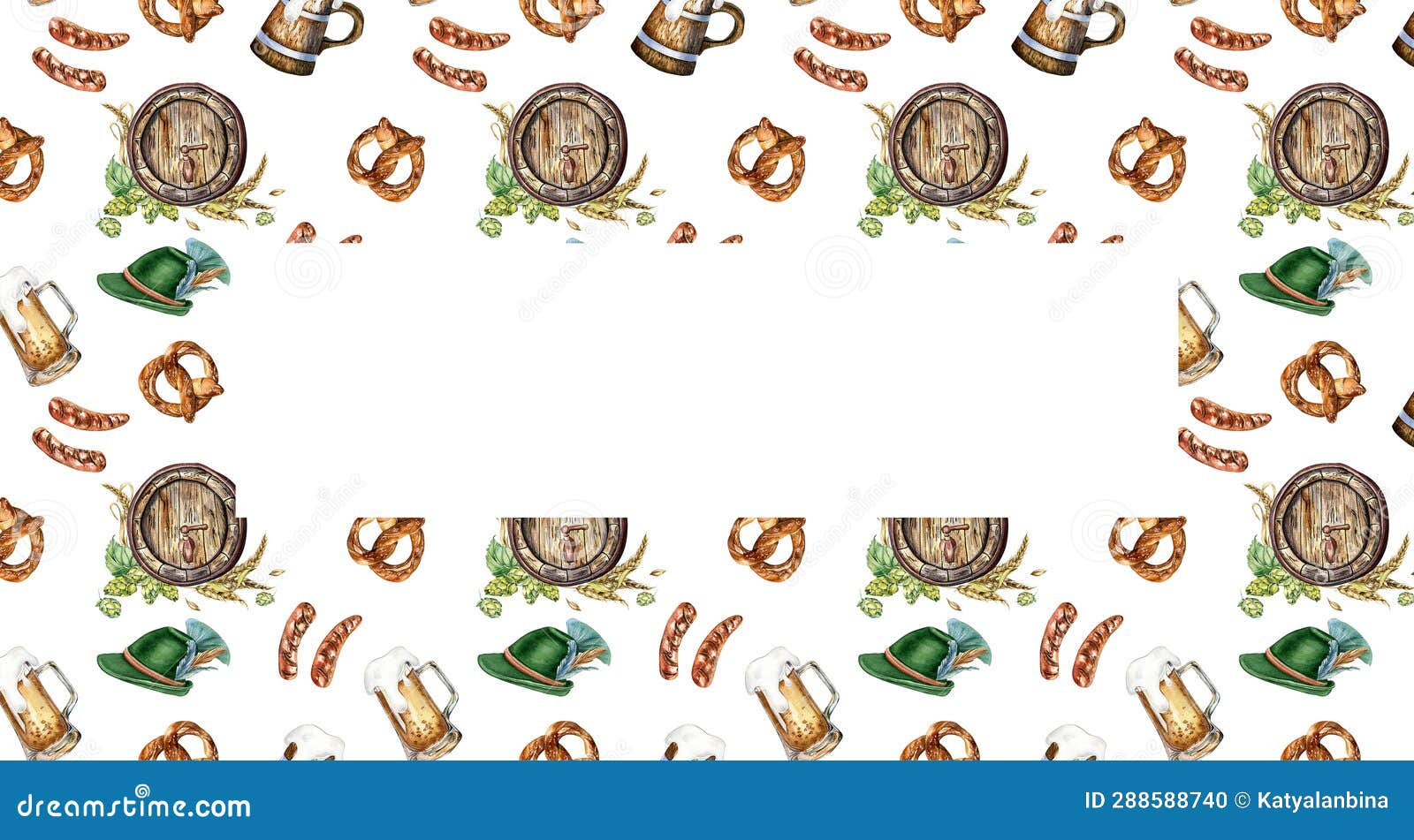 Frame Of Wooden Beer Barrel And Mug German Hat Watercolor Illustration