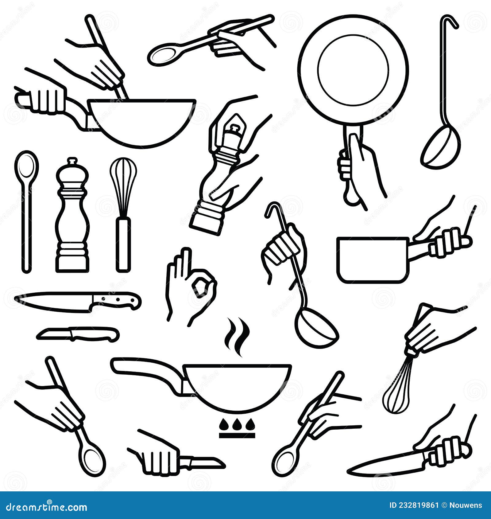 Cooking and Kitchen Tool with Hand Icon Collection - Vector Outline ...
