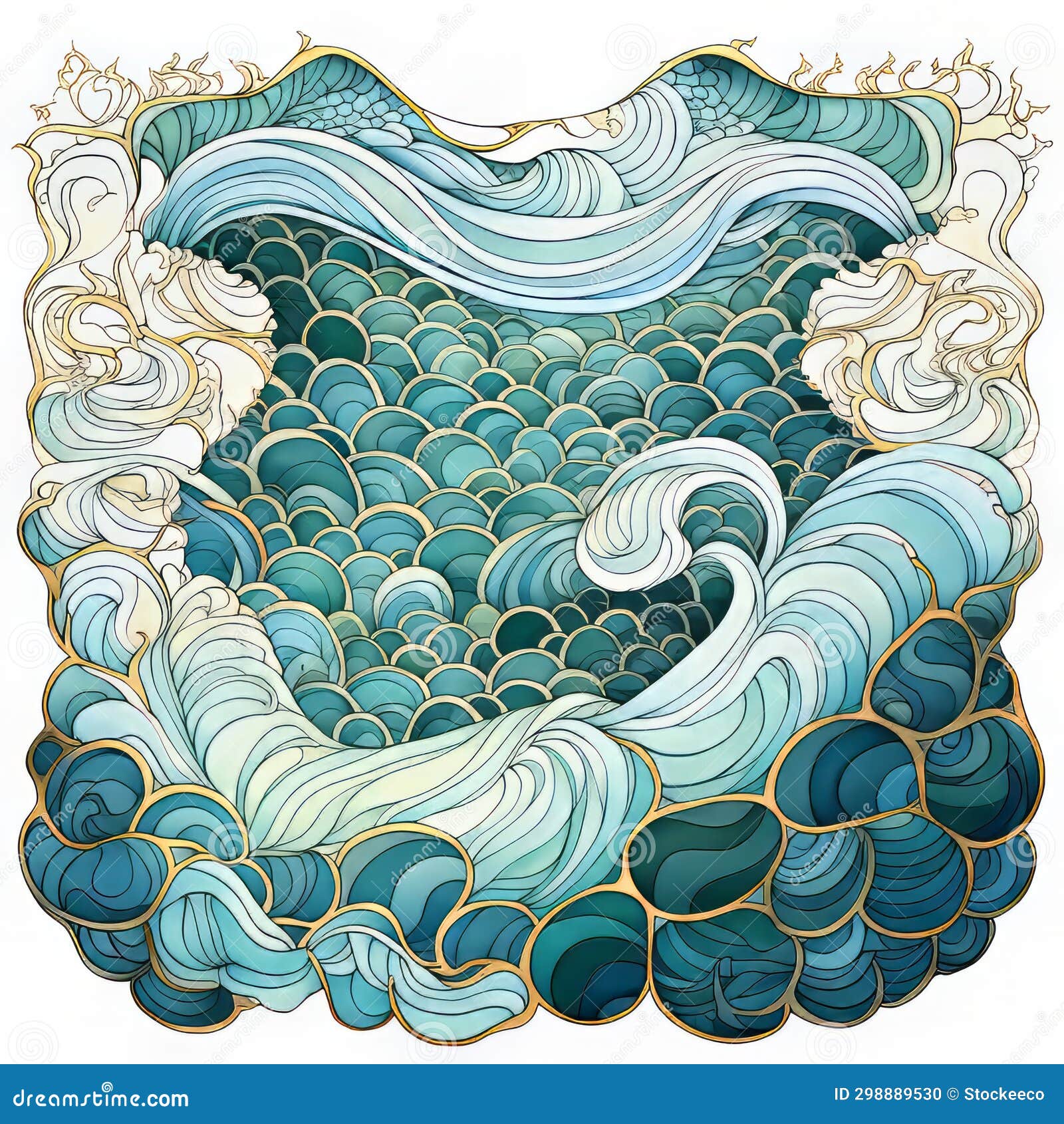 Turquoise and Gold Geometric Sea Wave Pattern Hand Drawn Illustration ...