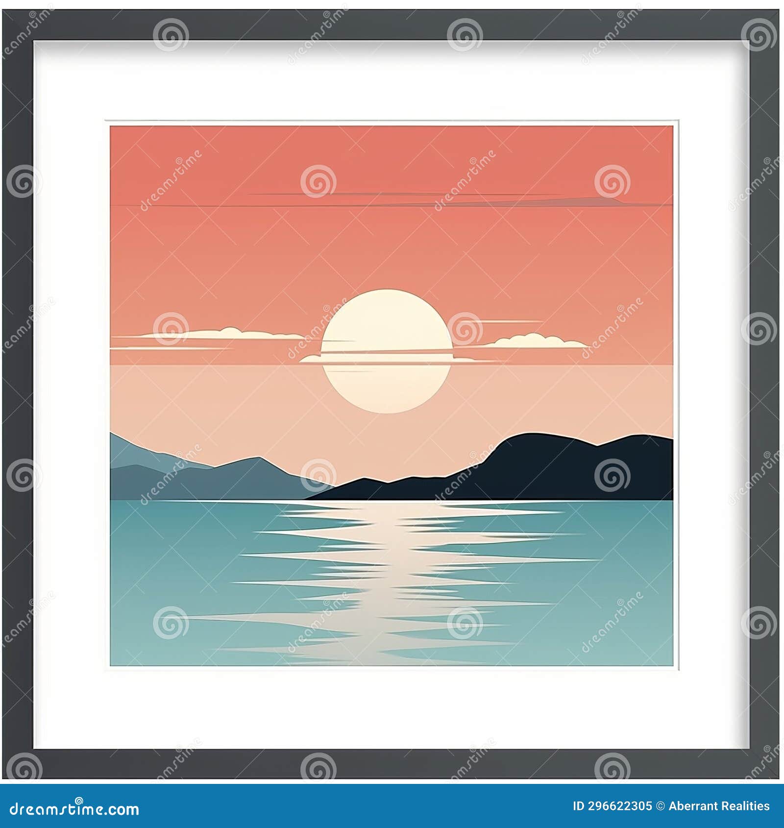 A Framed Art Print of a Sunset Over the Ocean Stock Illustration ...