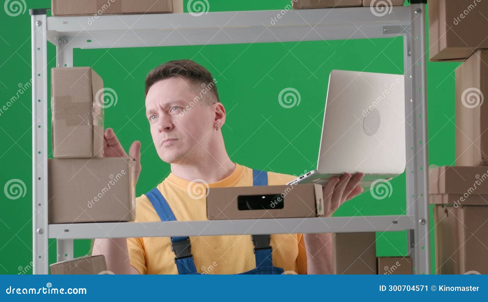 Framed on Green Background, Chromakey. Depicts a Man in Work Uniform ...