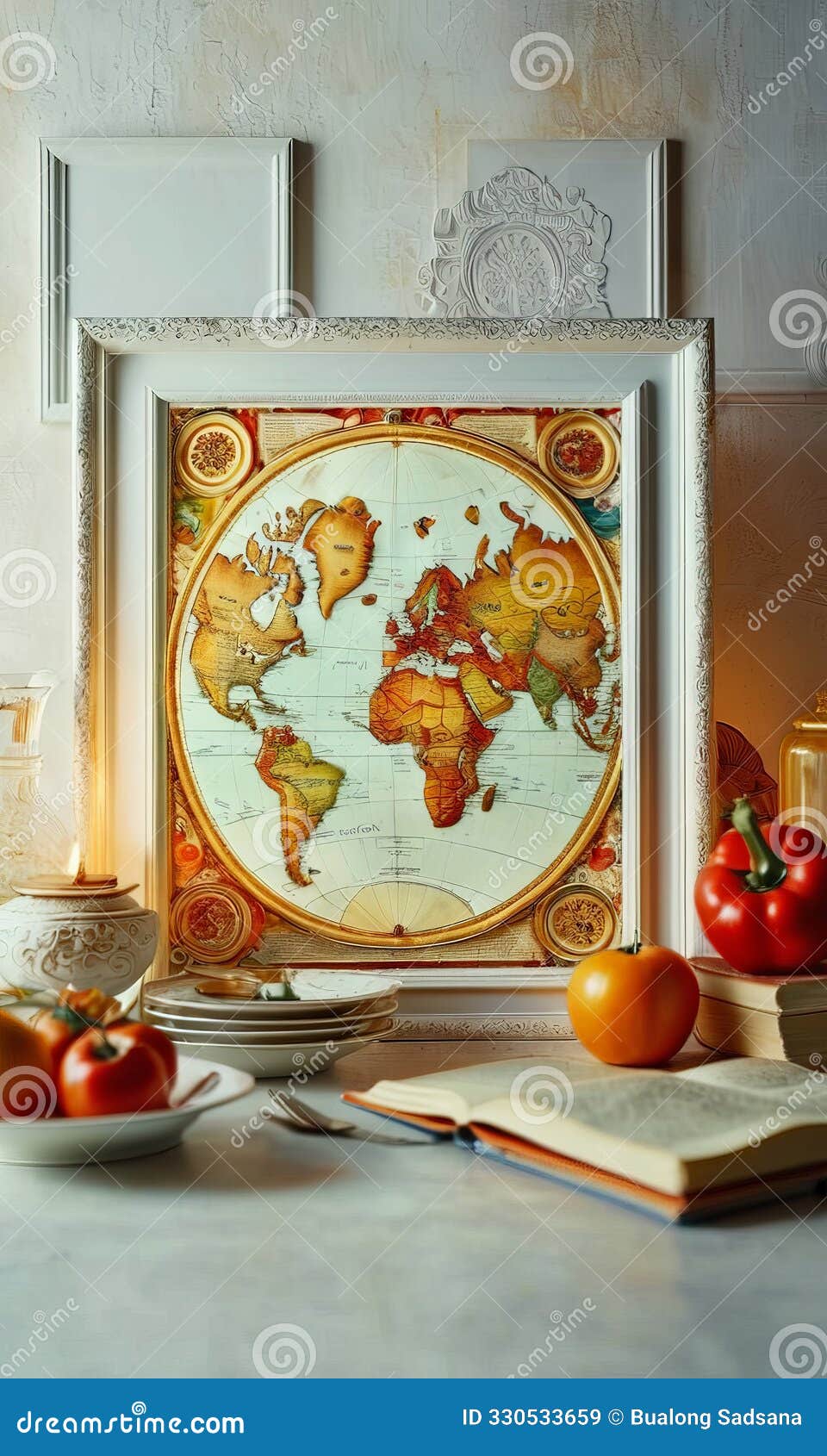 Framed Map with Candle and Plate Tomatoes Stock Illustration ...