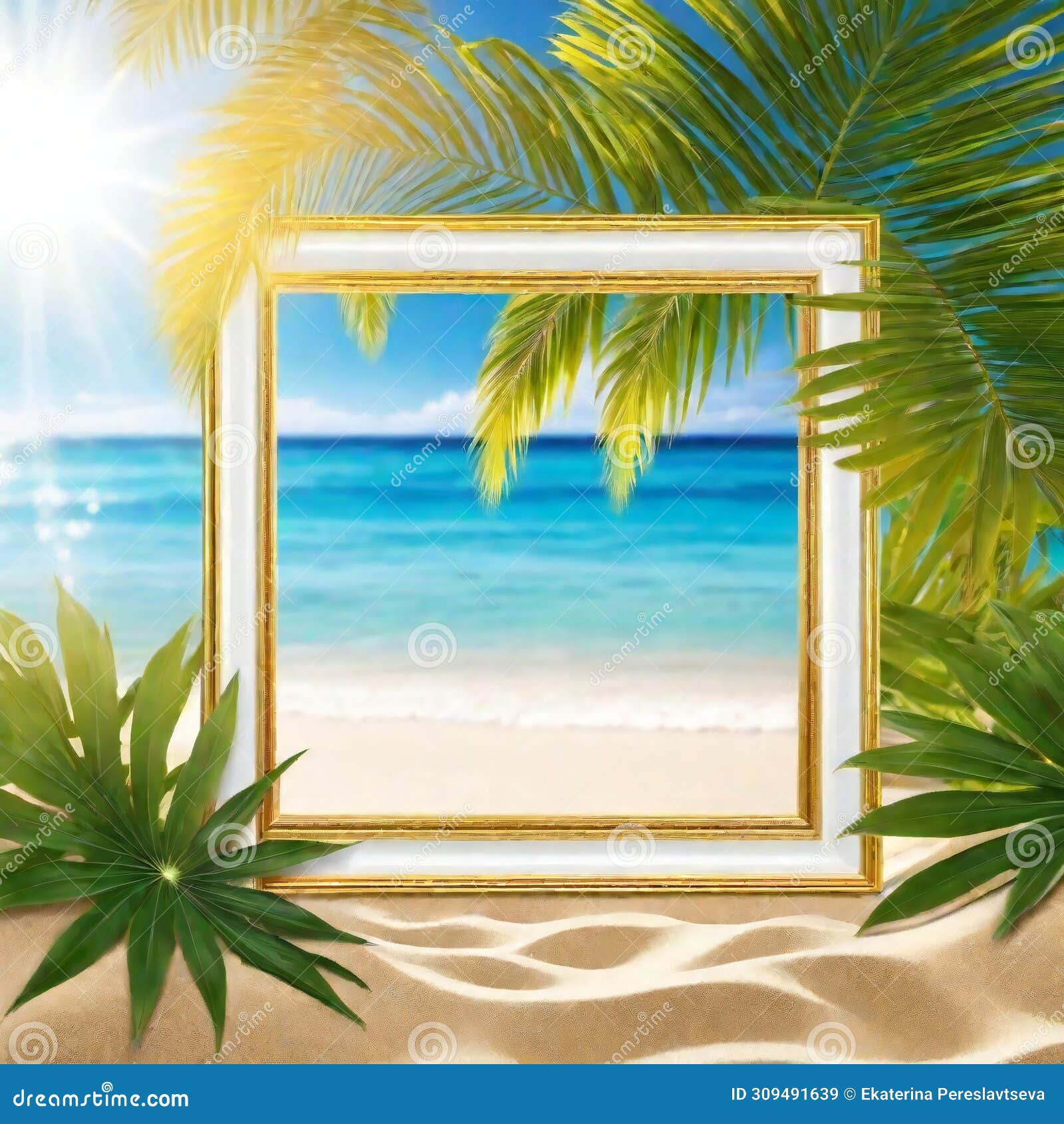 A Framed Picture Beach with Palm Trees and a Blue Ocean Stock Image ...