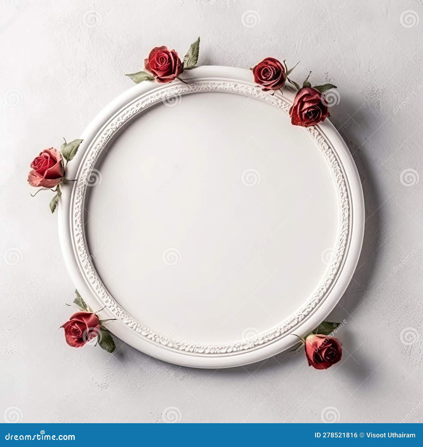 Framed with Roses,Round White Wooden Picture Frame on White with Empty ...