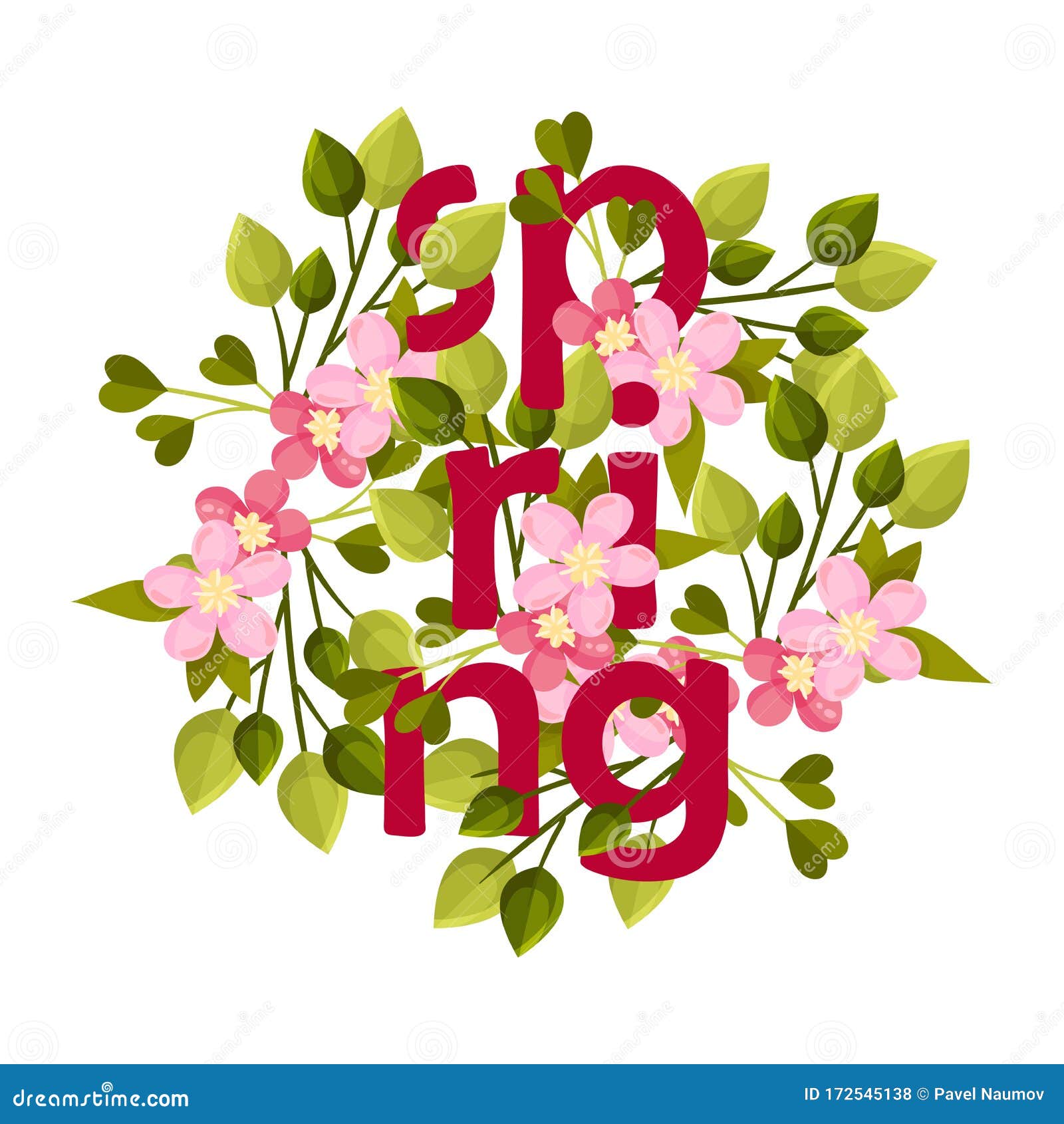 Framed Spring Botanical Composition with Green Twigs and Flowers Vector ...