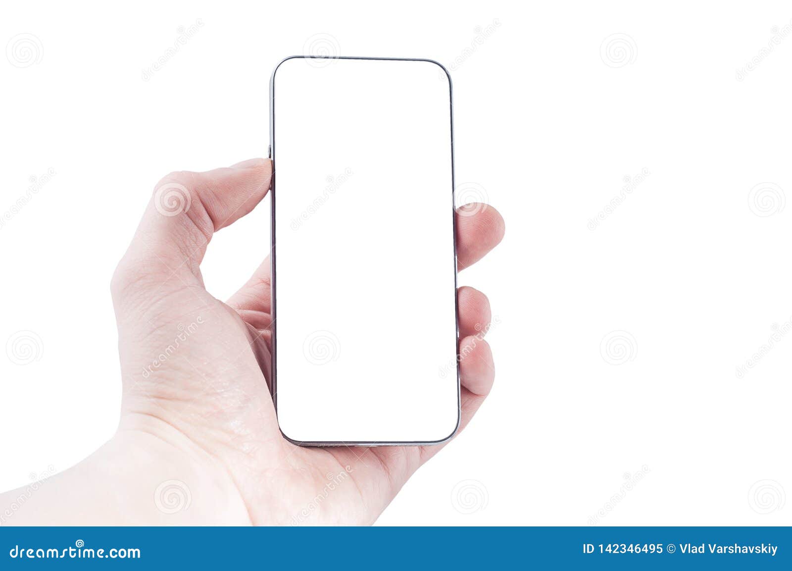 Frameless Smartphone With A White Screen In Hand To Insert An Image On ...