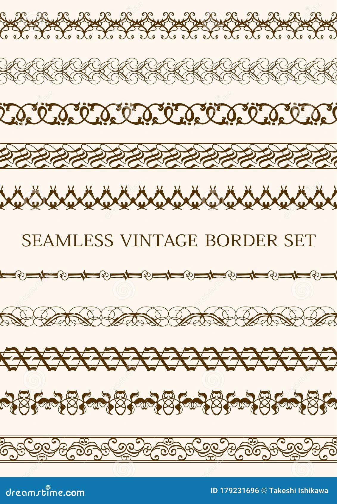 Seamless Vintage Border Set Isolated on a Plain Background. Stock ...
