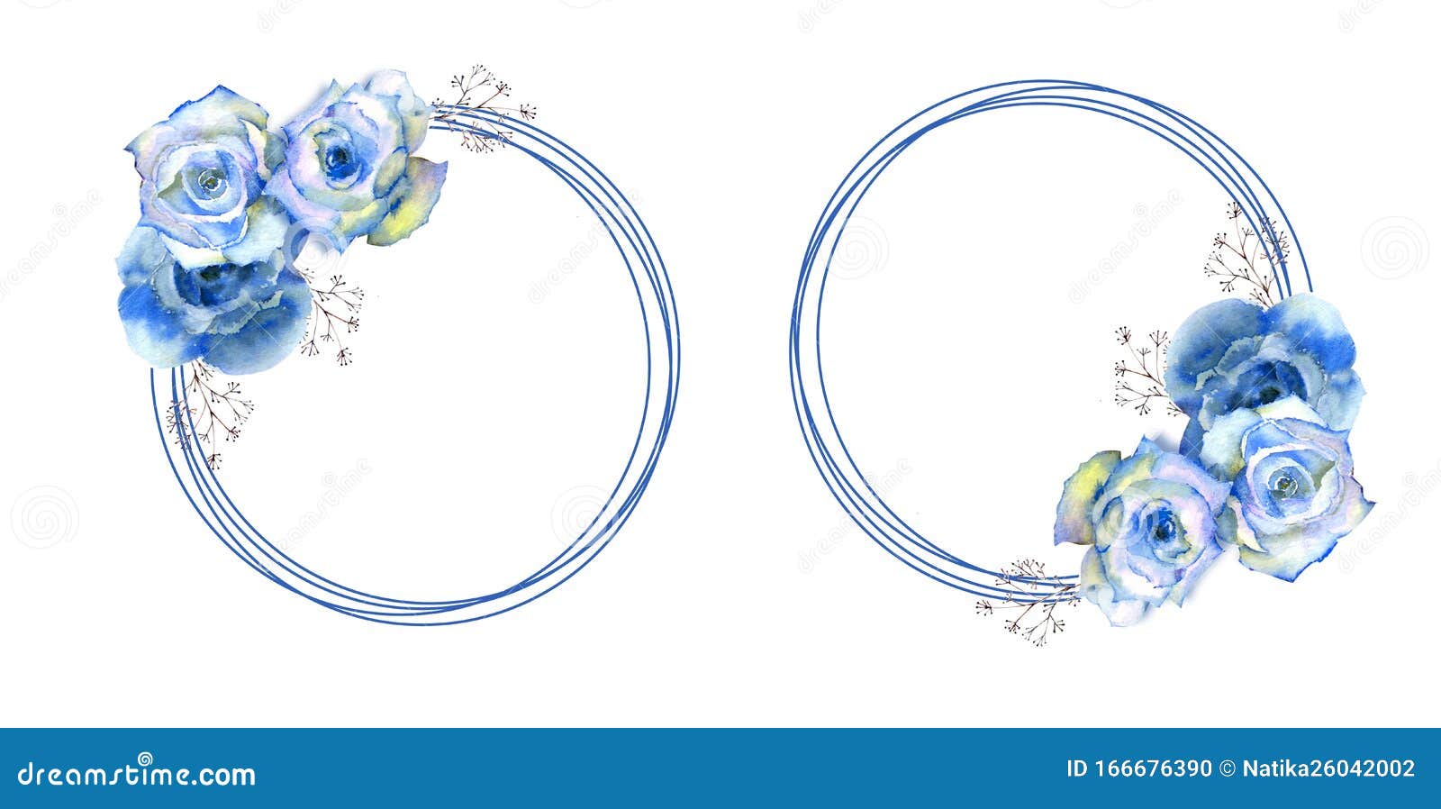 2 Frames with Blue Rose Flowers on Round Frame on White Isolated ...