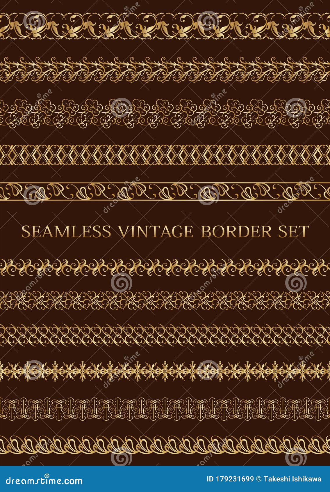 Seamless Gold Vintage Border Set Isolated on a Dark Background. Stock ...