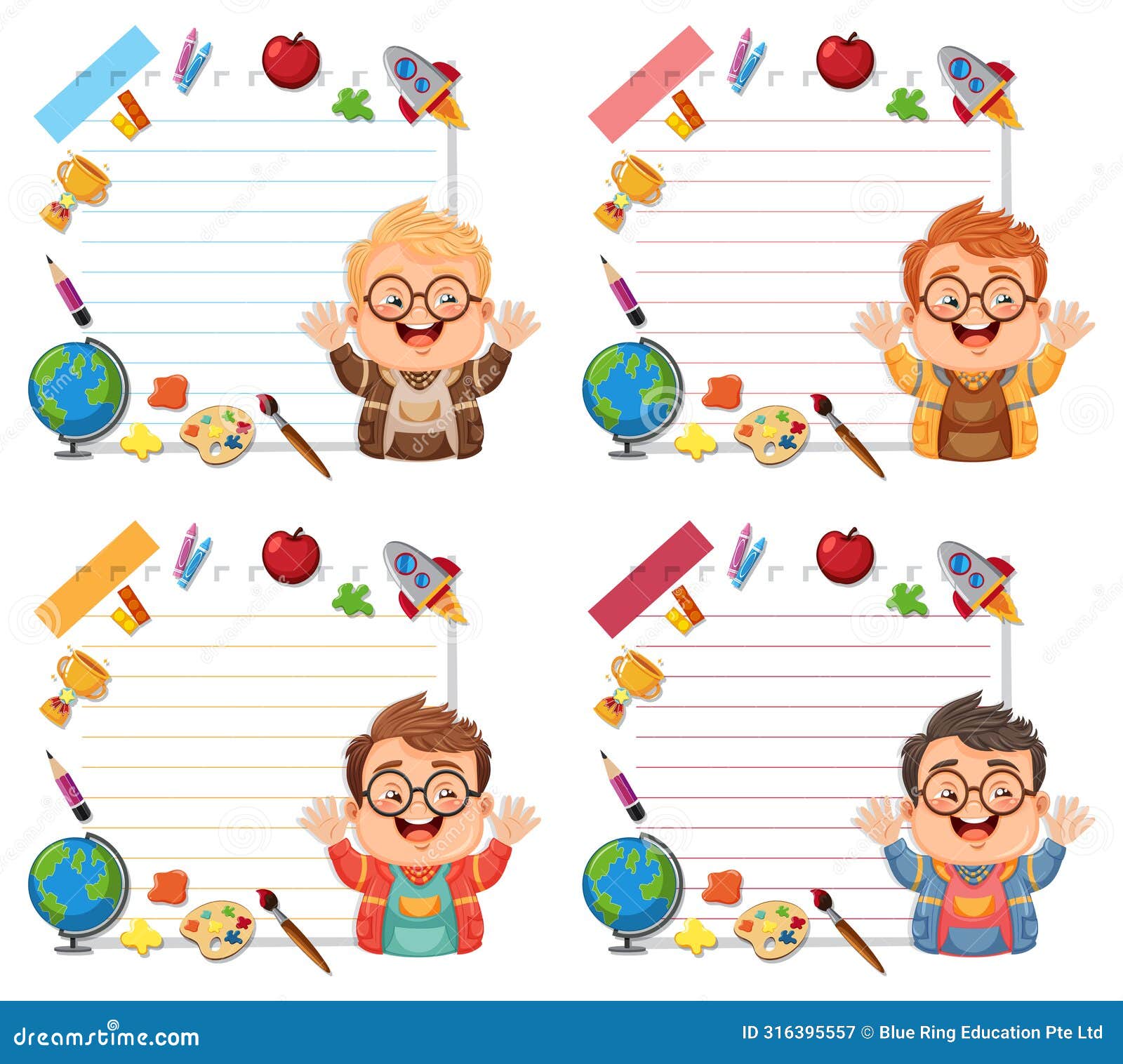 Frames of Happy Students with Educational Tools Stock Vector ...