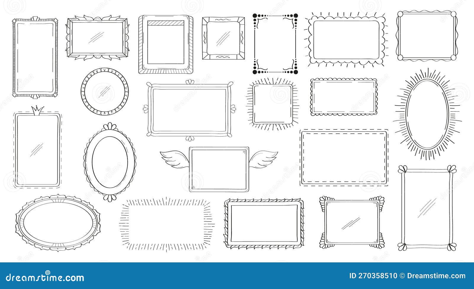 Frames, Mirror Set In Hand Drawn Style. Vintage Image Frame Doodle ...