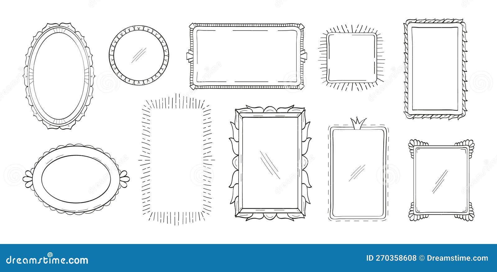Frames, Mirror Set in Hand Drawn Style. Vintage Image Frame Doodle ...