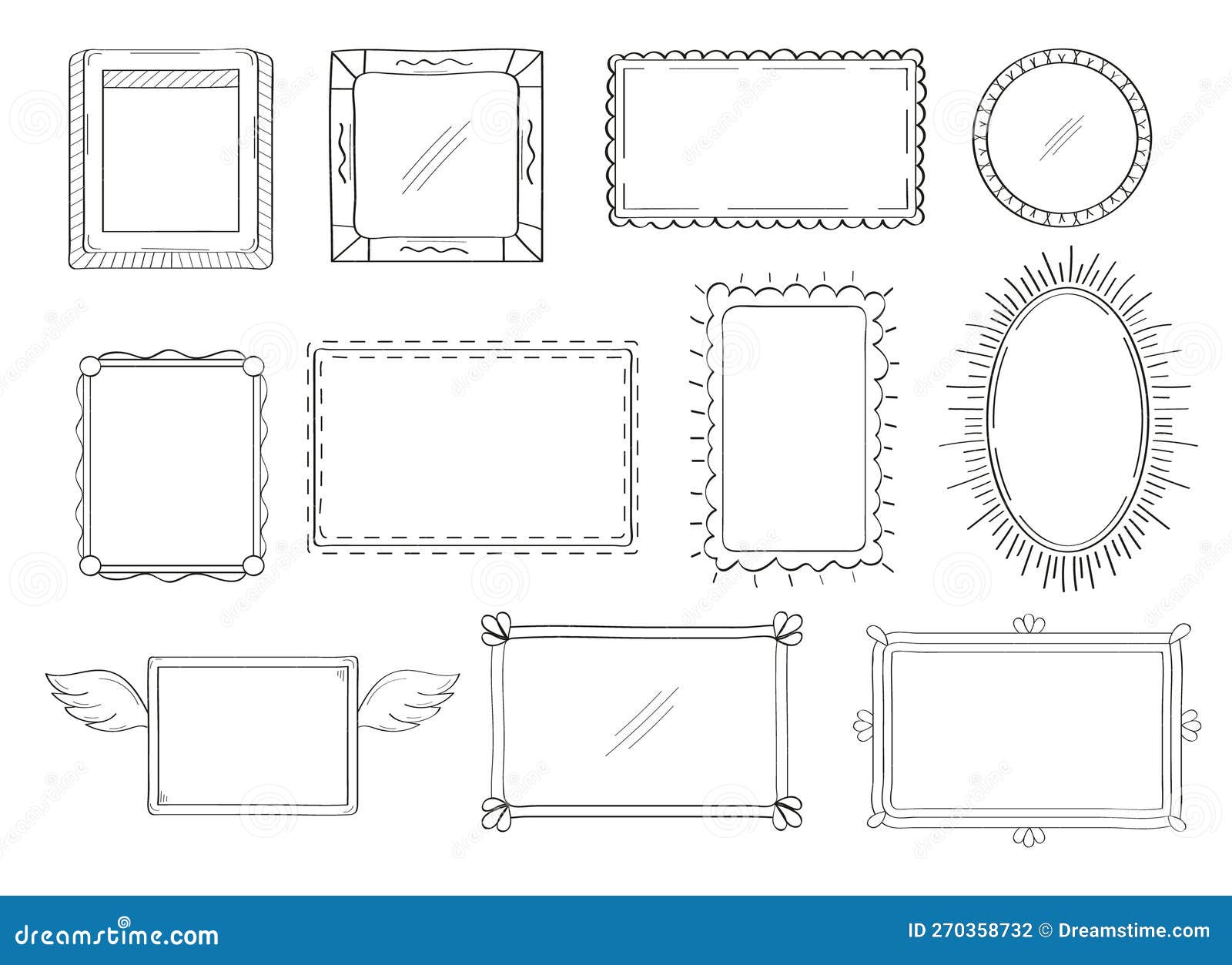 Frames, Mirror Set in Hand Drawn Style. Vintage Image Frame Doodle ...