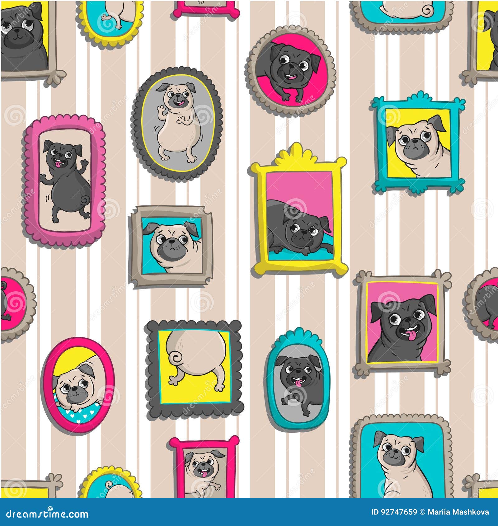 Frames with Portraits of Pugs. Seamless Pattern. Stock Vector ...