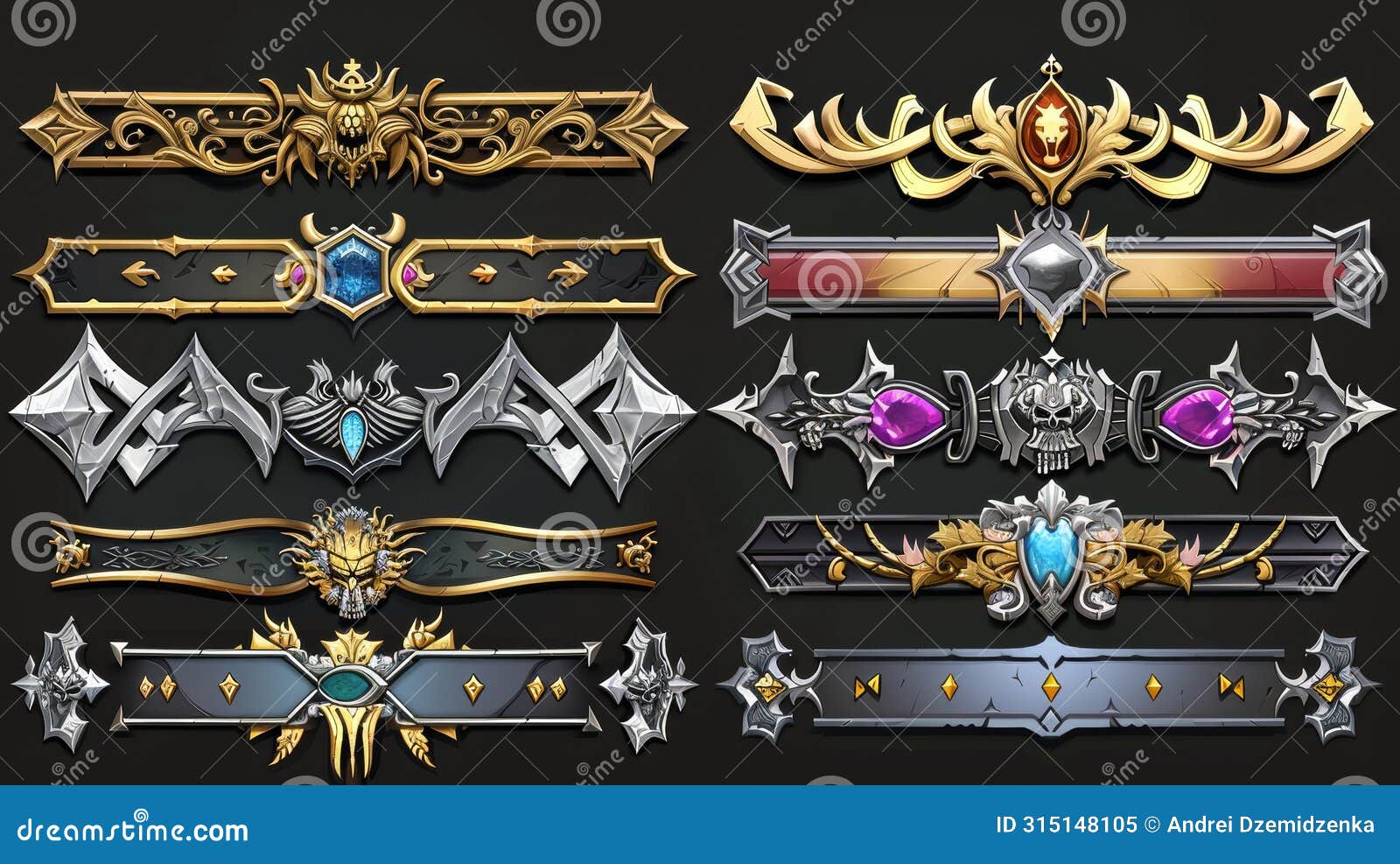Frames for Rpg Game Interface in Gold, Silver and Gems, Isolated on ...