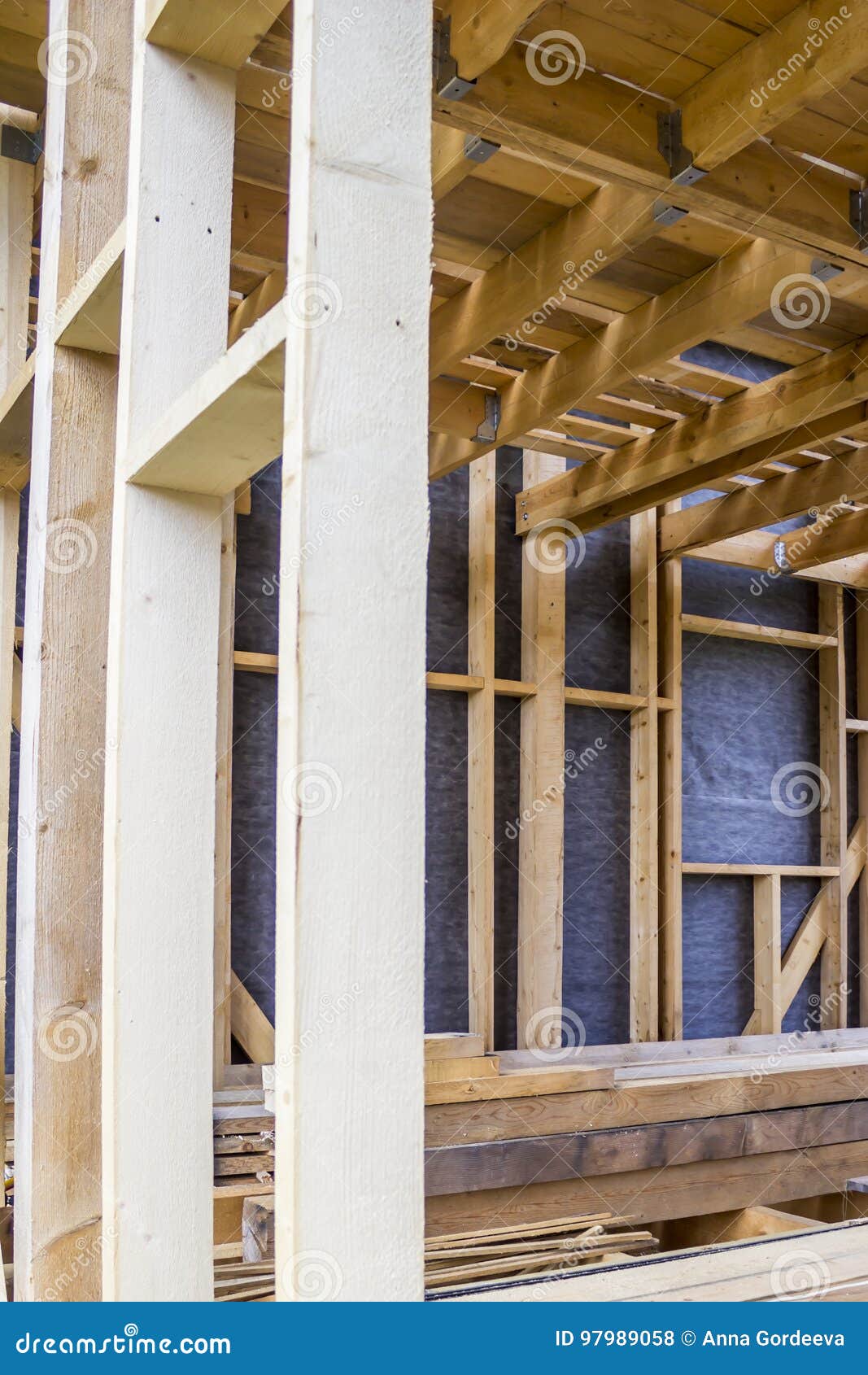 Framework of the House Wall, of Boards and Timber, a Window, a Vapor ...