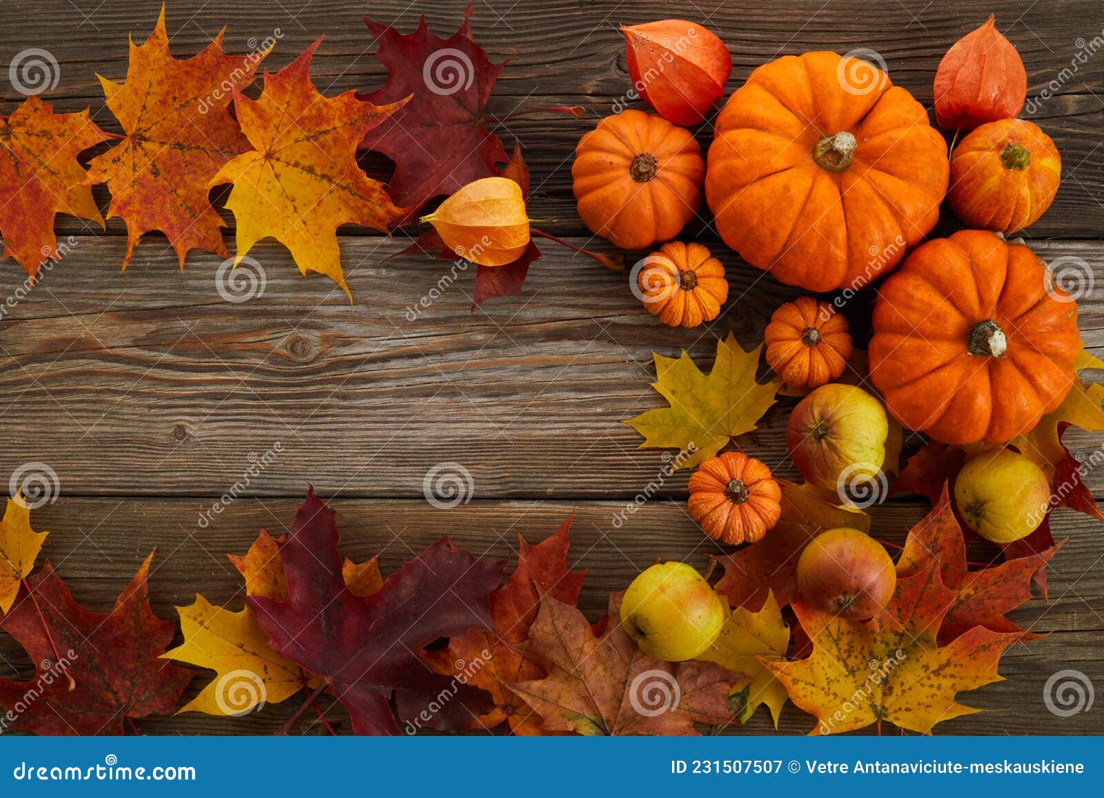 Framework with Pumpkins and Fall Leaves on Wooden Background. Top View ...