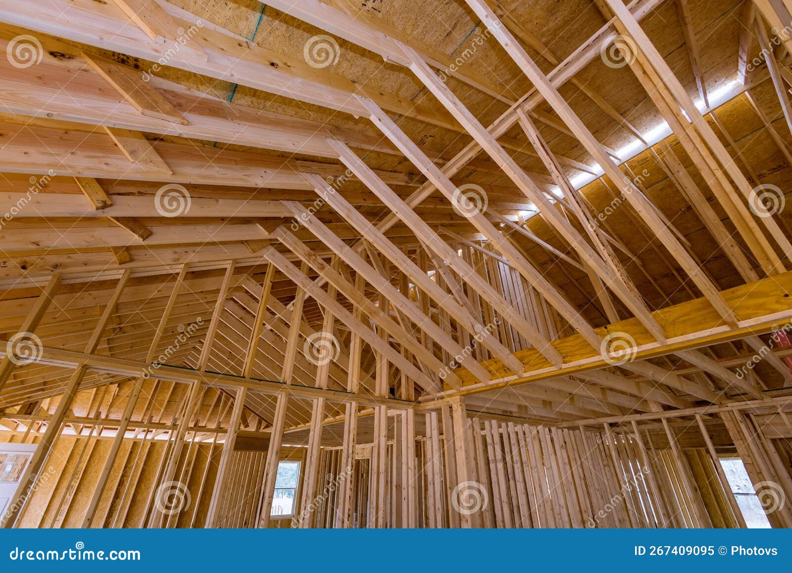 Framing for the Interior of a New House Under Construction, Truss Beams ...