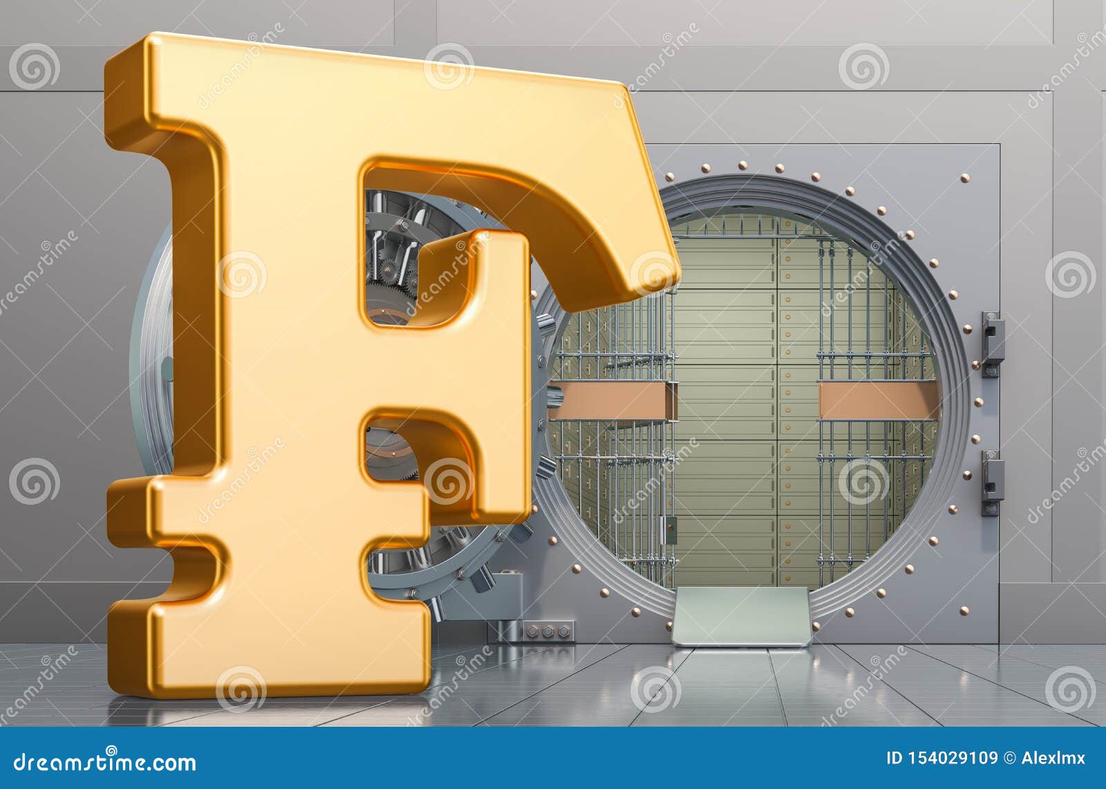 Franc Sign with Opened Bank Vault, 3D Rendering Stock Illustration ...