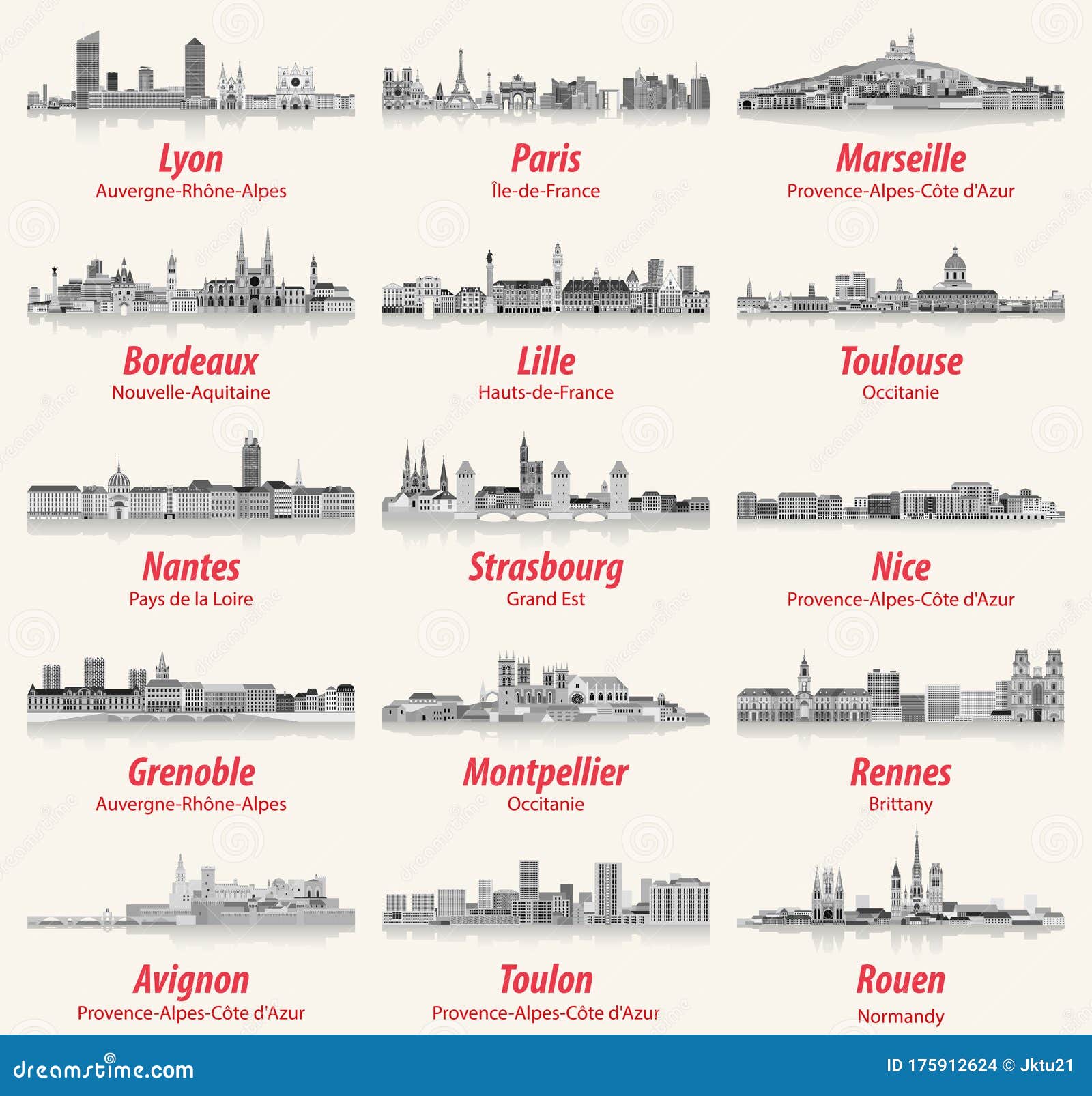 French Cities Skylines Flat Style Isolated Icons In Black And White ...